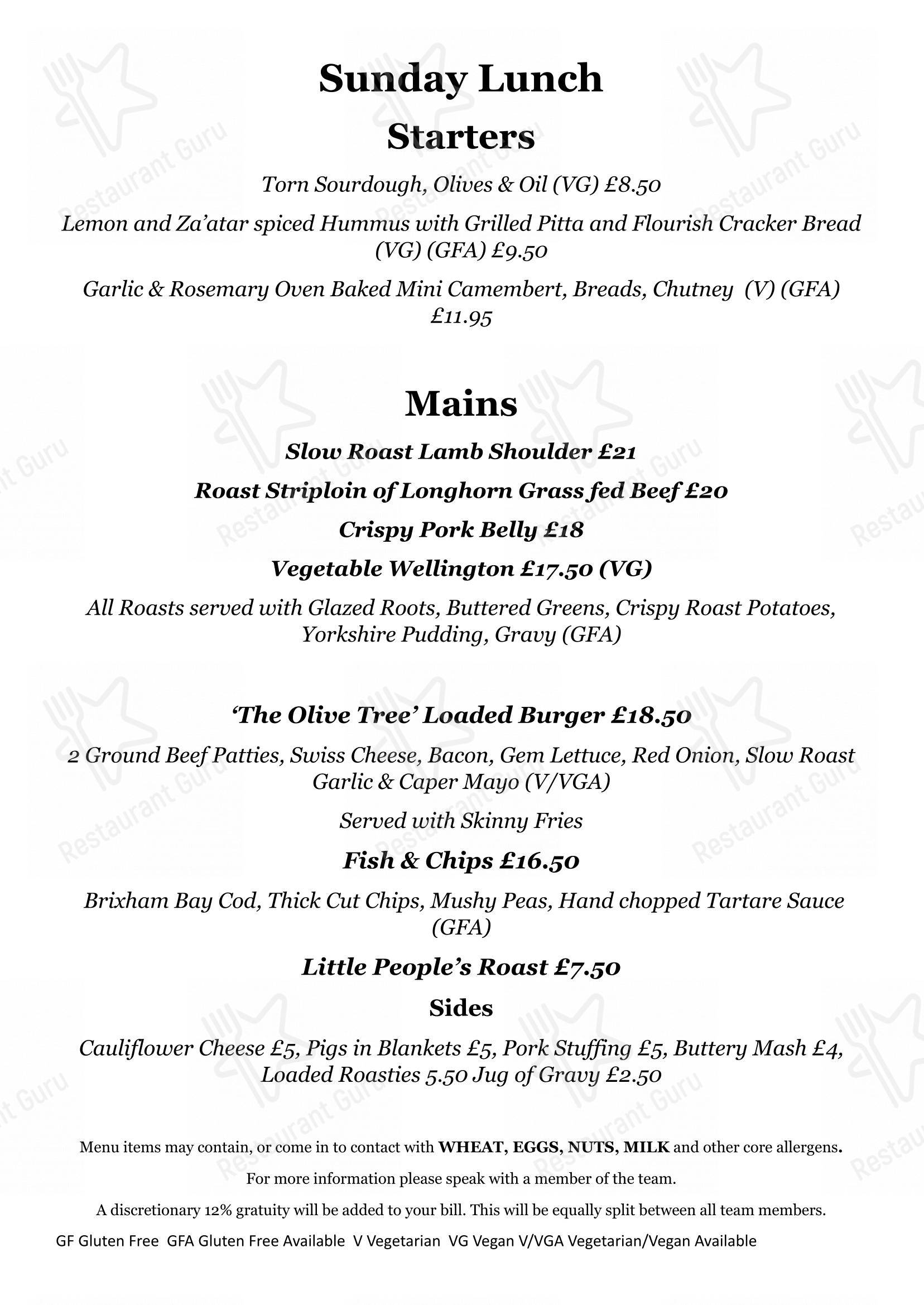 Menu at The Olive Tree At The Plough, Bicester pub & bar, Bicester, 63 ...