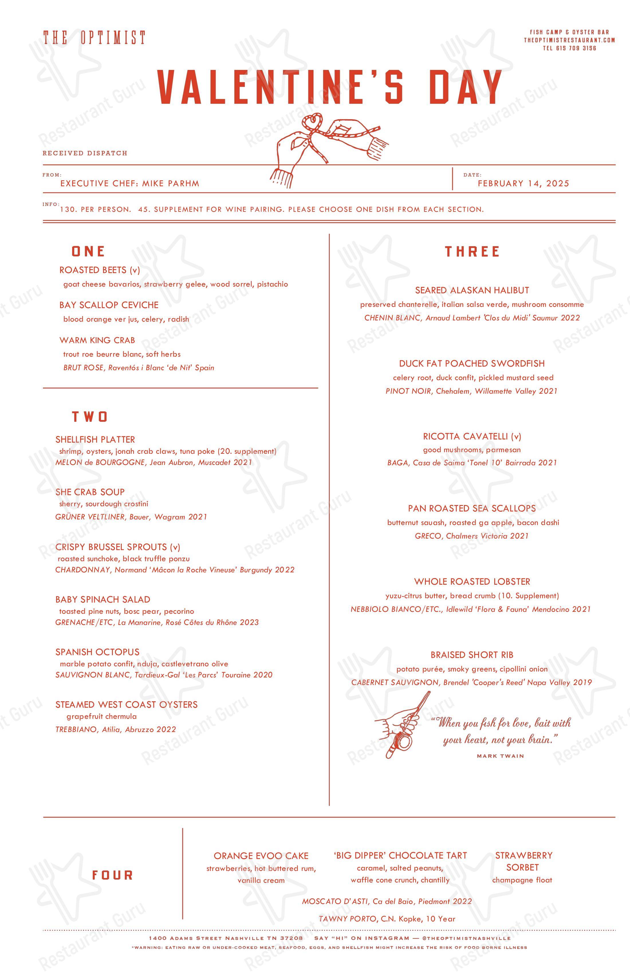 Menu at The Optimist restaurant, Nashville