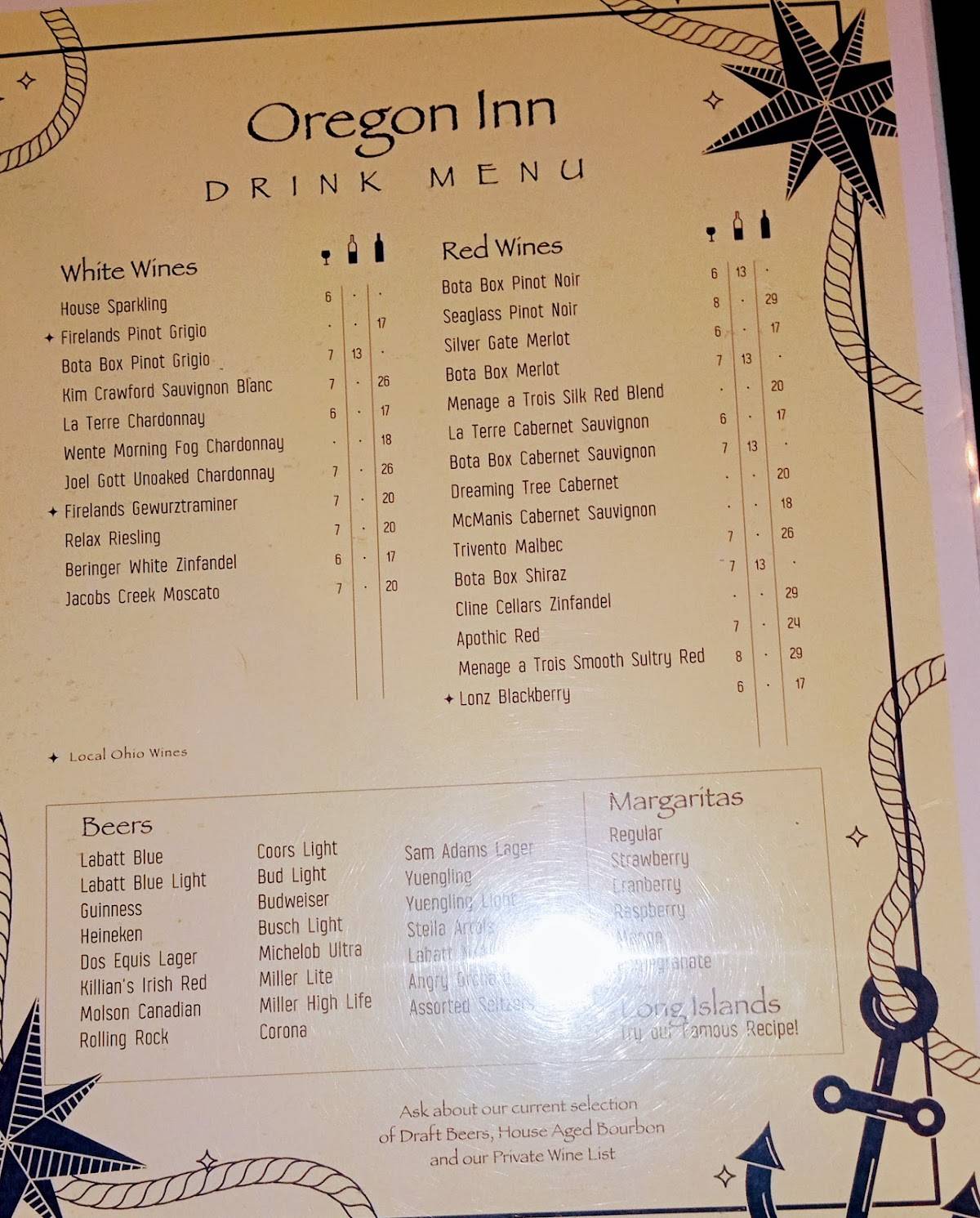 Menu at The Oregon Inn steakhouse, Oregon