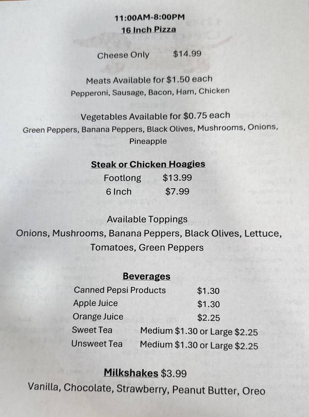 Menu at The Original restaurant, Weston