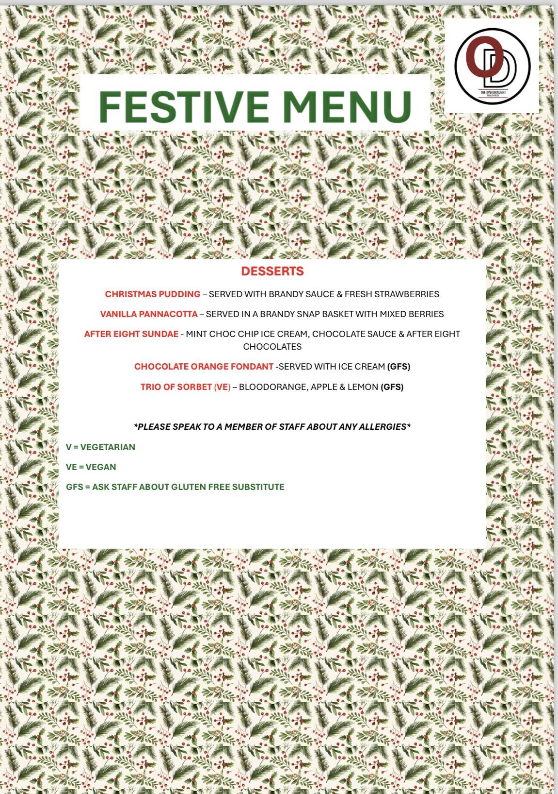 Menu at The Overdraught pub & bar, St Albans