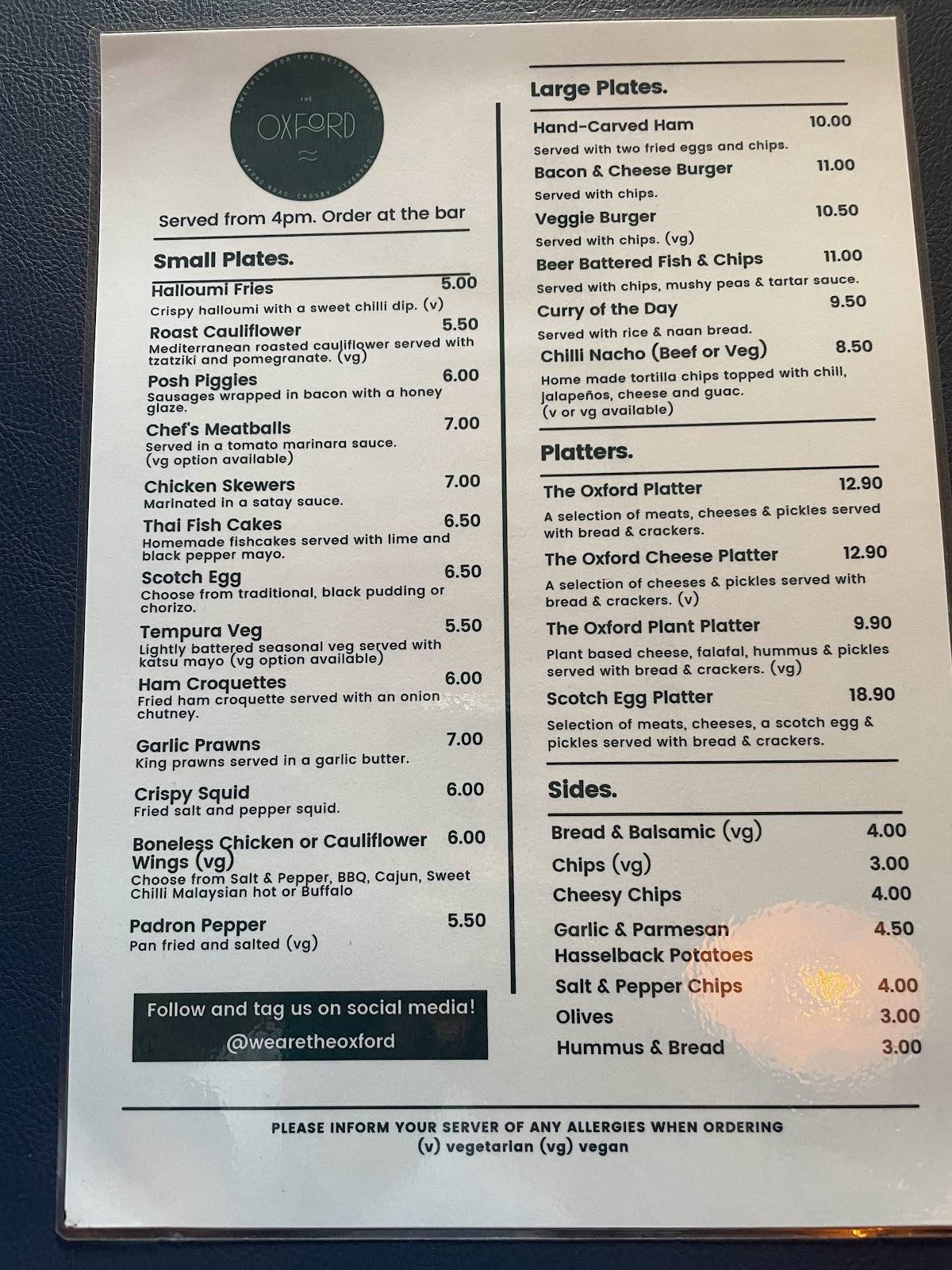 Menu at The Oxford Bar., Liverpool, 89 Oxford Rd