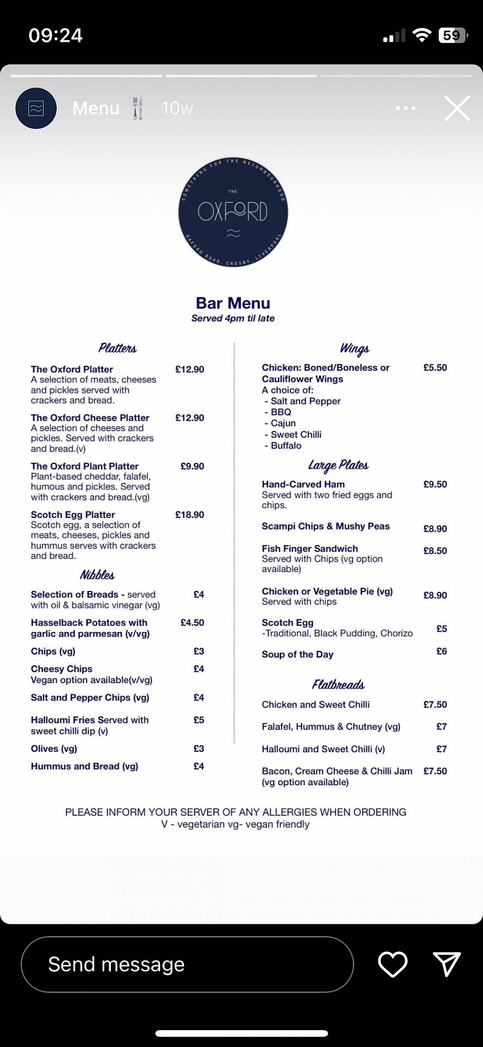 Menu at The Oxford Bar., Liverpool, 89 Oxford Rd
