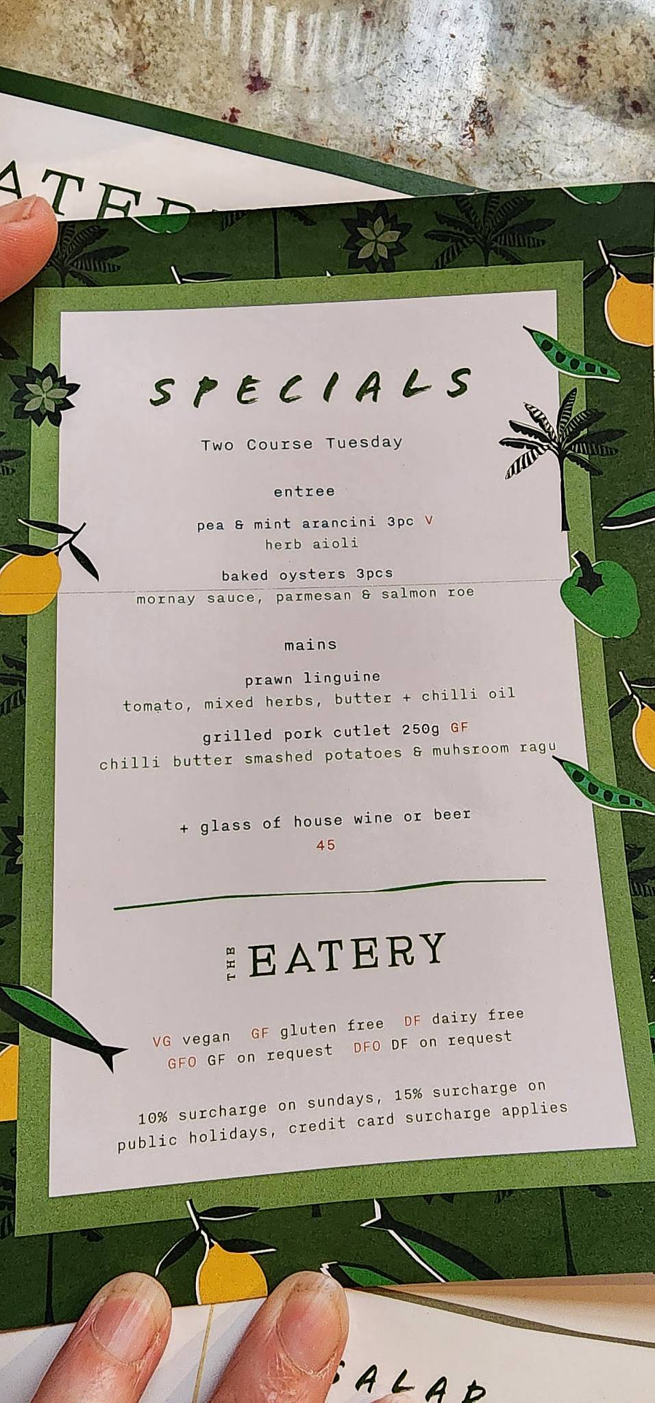 Menu at The Palms Sydney restaurant, Terrey Hills