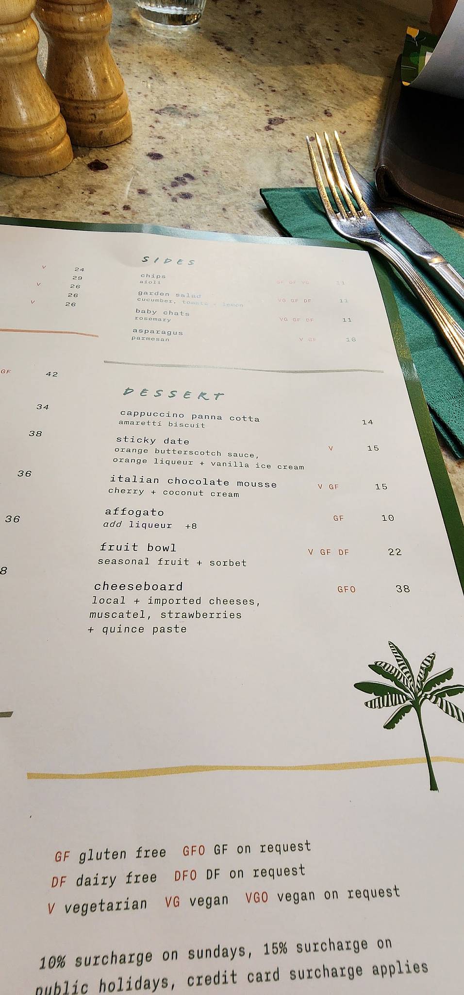 Menu at The Palms Sydney restaurant, Terrey Hills