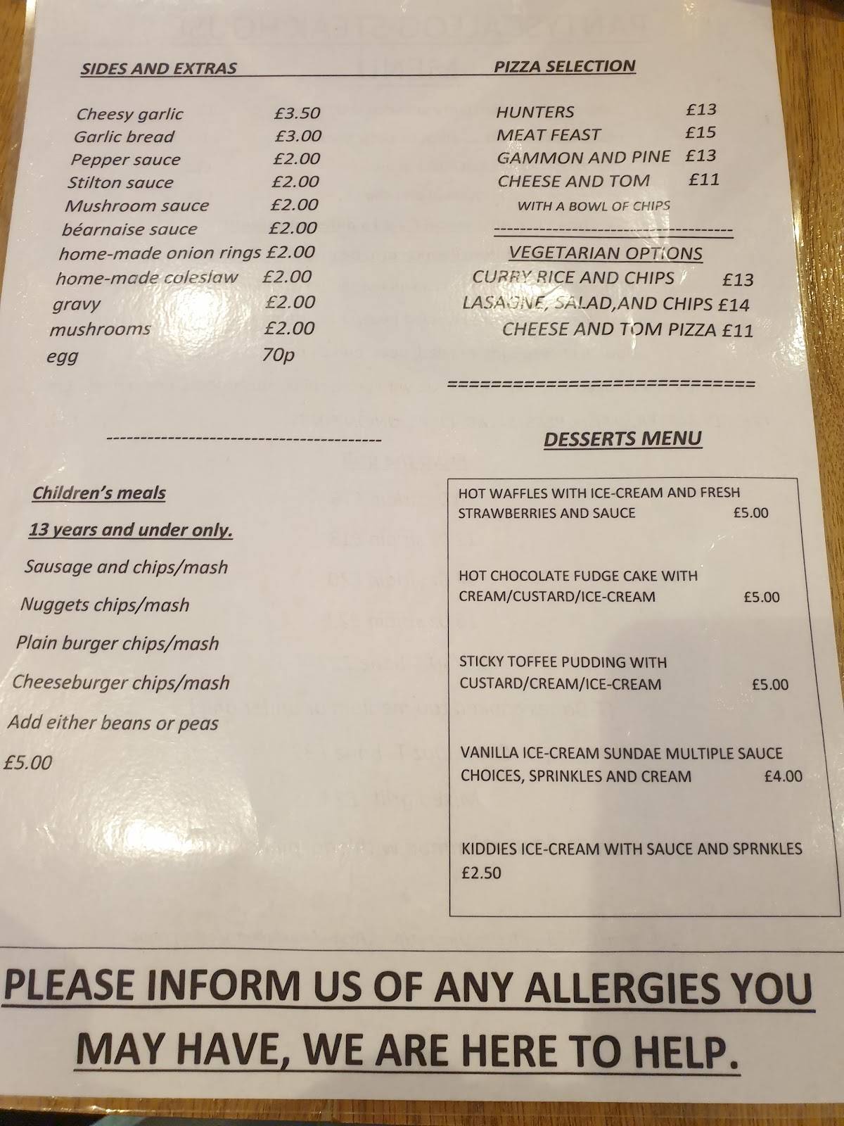 Menu at The Pantyscallog steak house pub & bar, Merthyr Tydfil ...