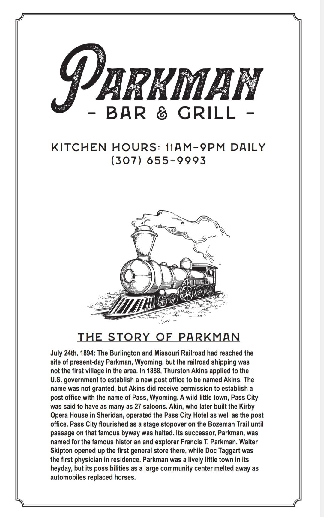 Menu at The Parkman Bar and Grill Parkman WY, Dayton
