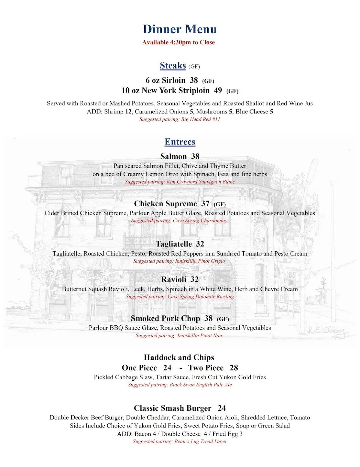 Menu at The Parlour Inn Restaurant, Stratford