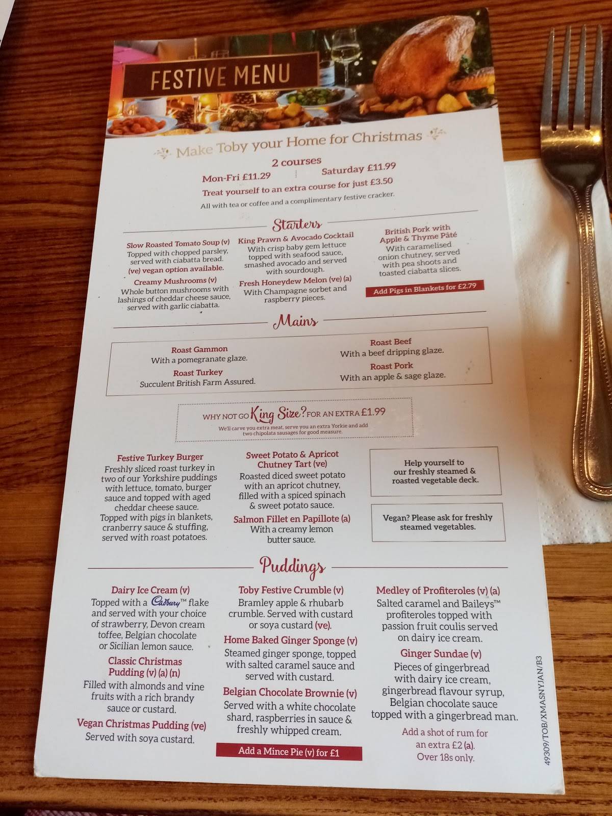 Menu at Toby Carvery Streetly restaurant, Birmingham