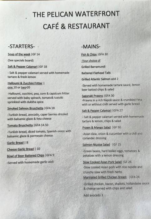 Menu at The Pelican Waterfront Cafe & Restaurant, Saint Georges Basin