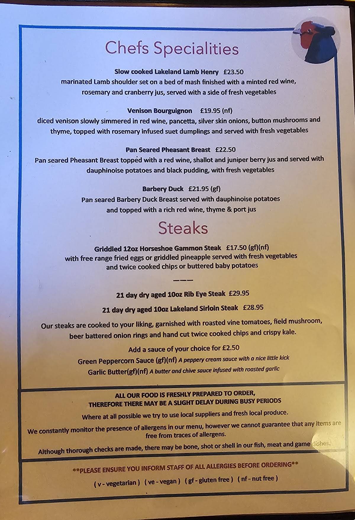 Menu at The Pheasant Inn Keswick pub & bar, Keswick