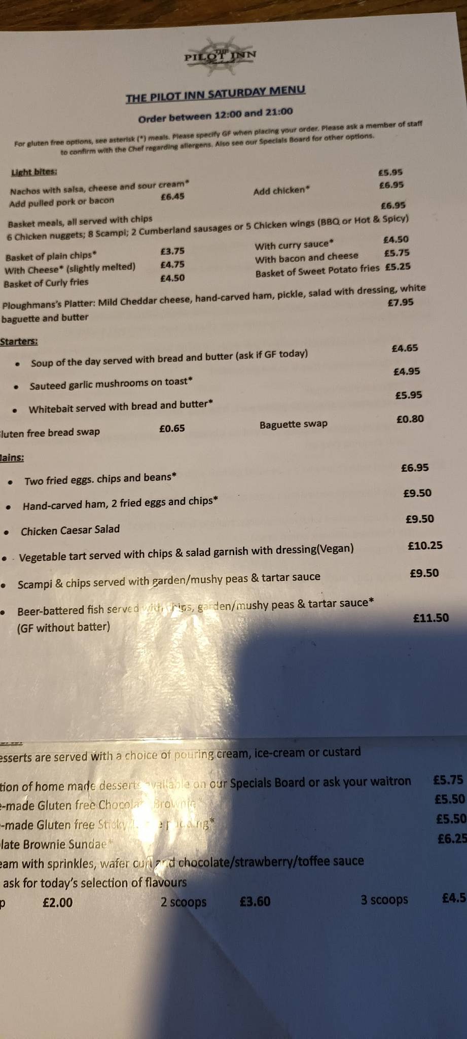 Menu at The Pilot Inn pub & bar, Gloucester