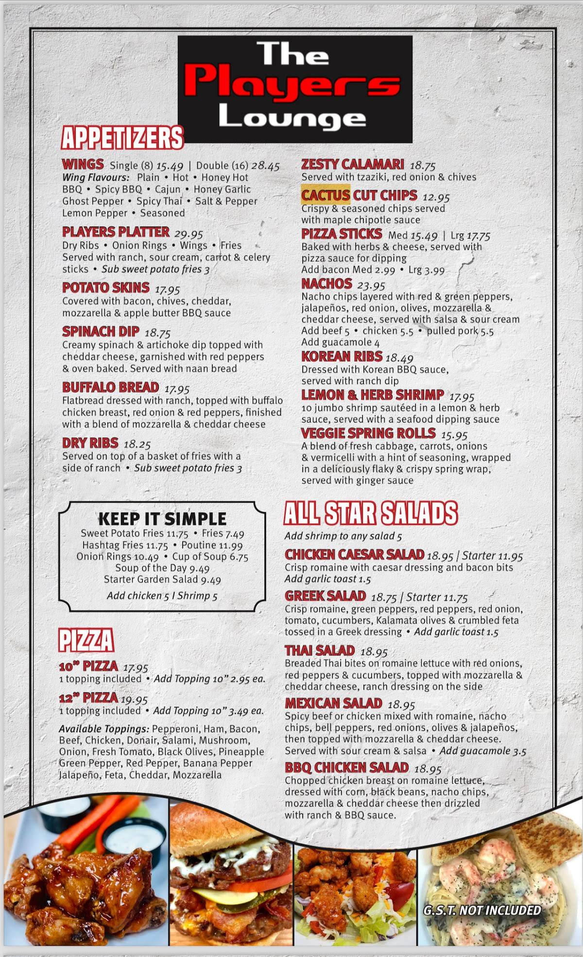 Menu at The Players Lounge pub & bar, Bonnyville