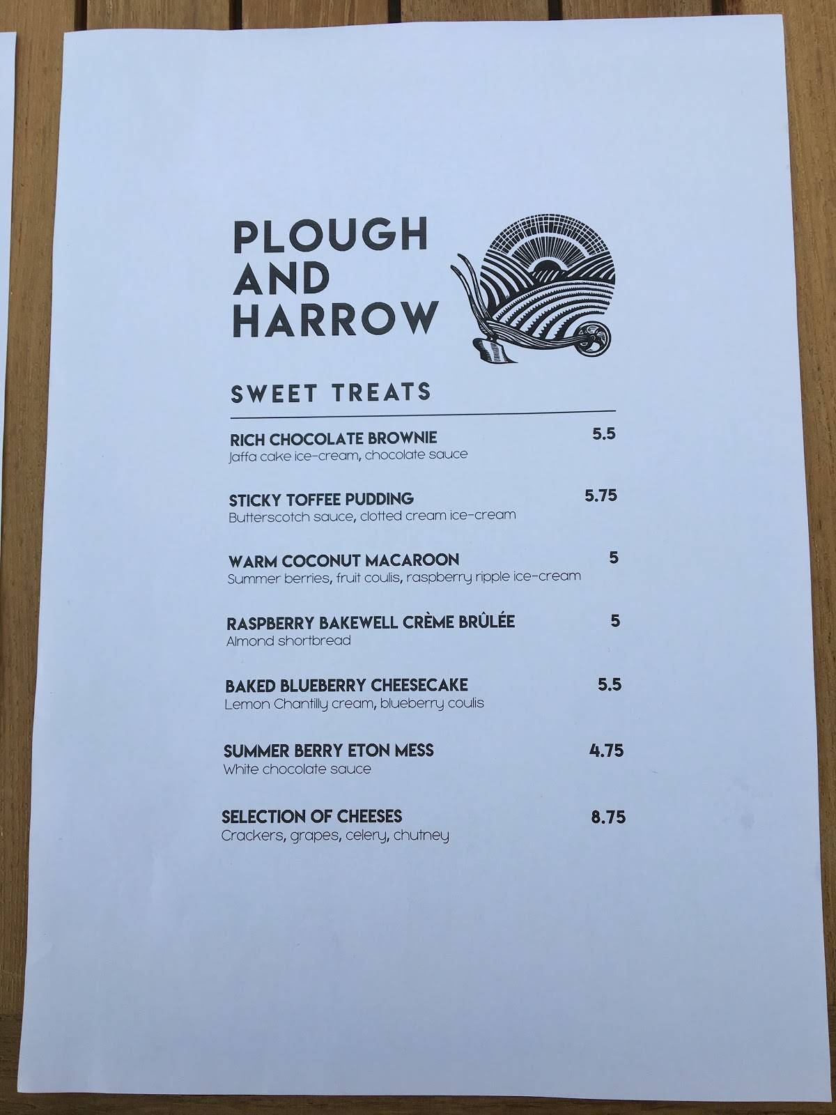 Menu at The Plough & Harrow restaurant, Pershore