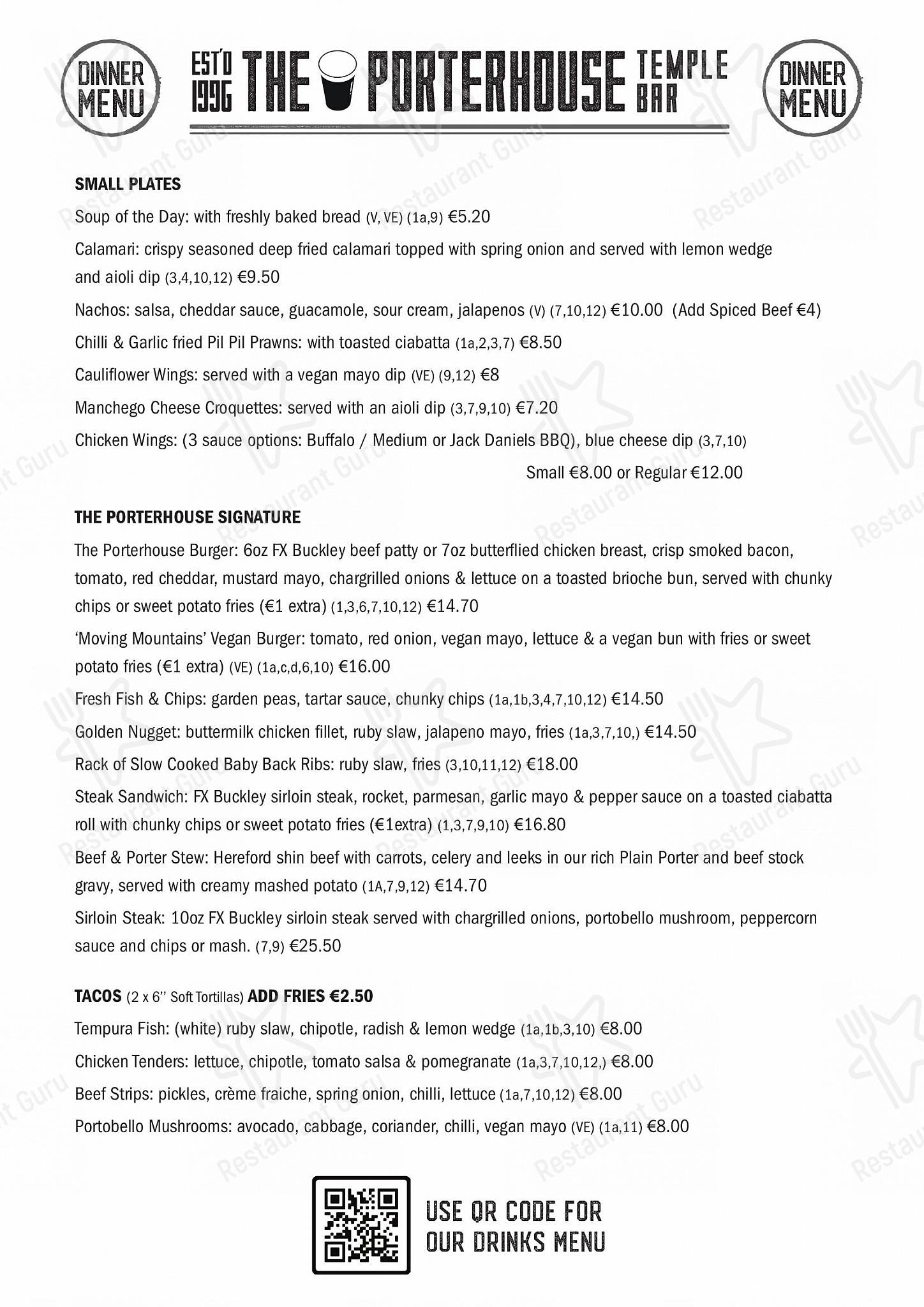 Menu at Porterhouse Temple Bar, Dublin, 16-18 Parliament St