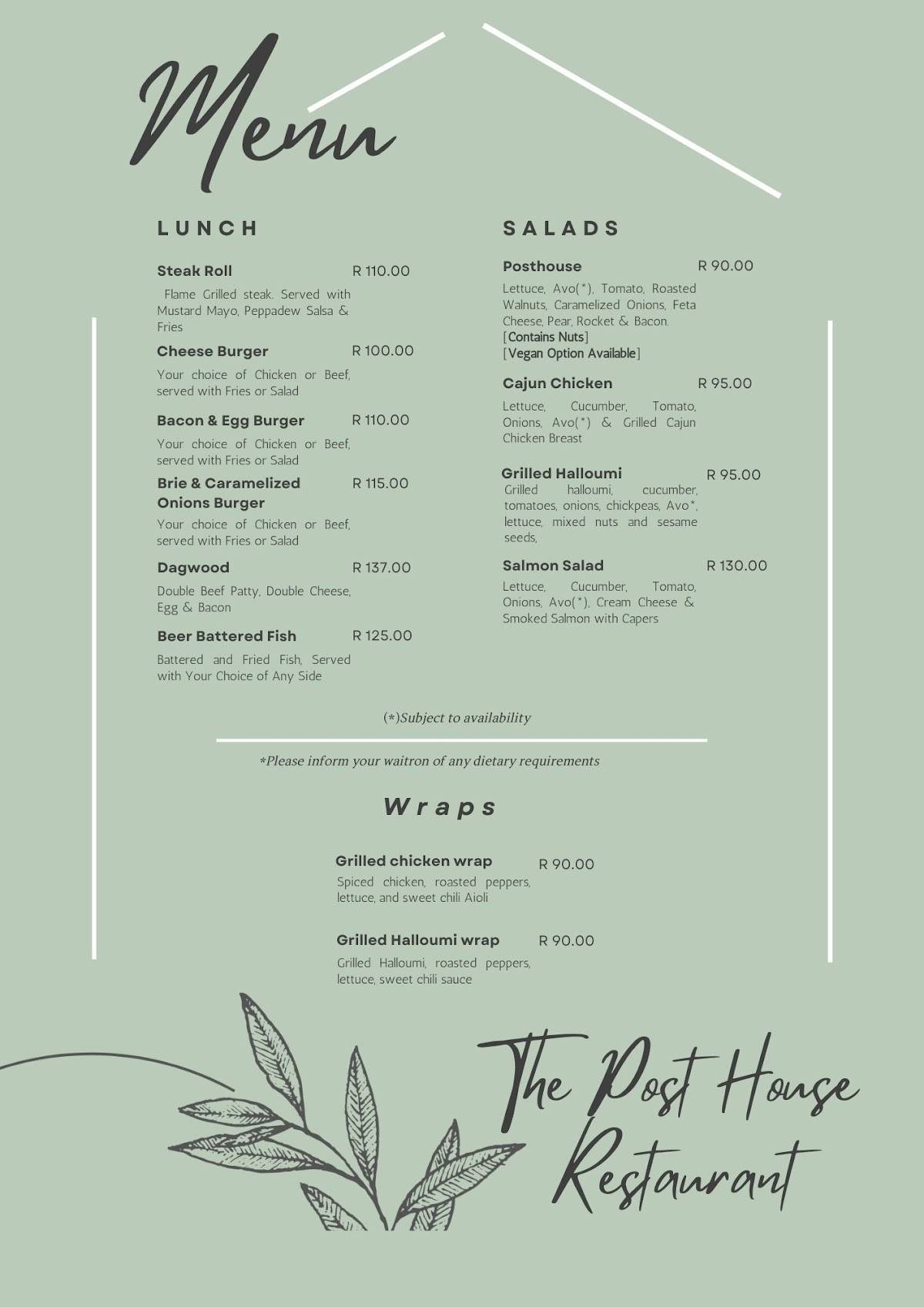 Menu at The Posthouse Restaurant, Clarens