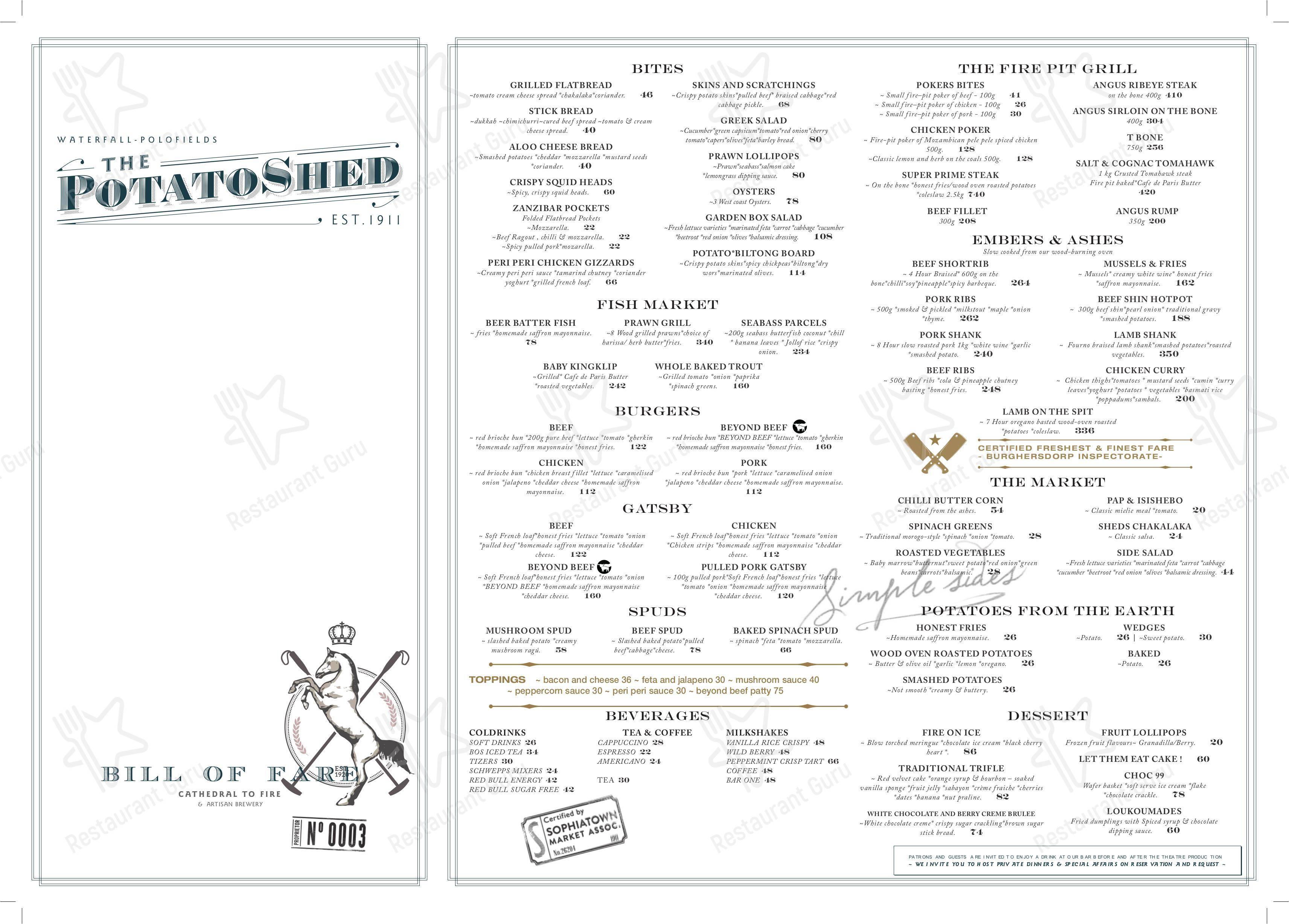 Menu at The Potato Shed restaurant, Midrand