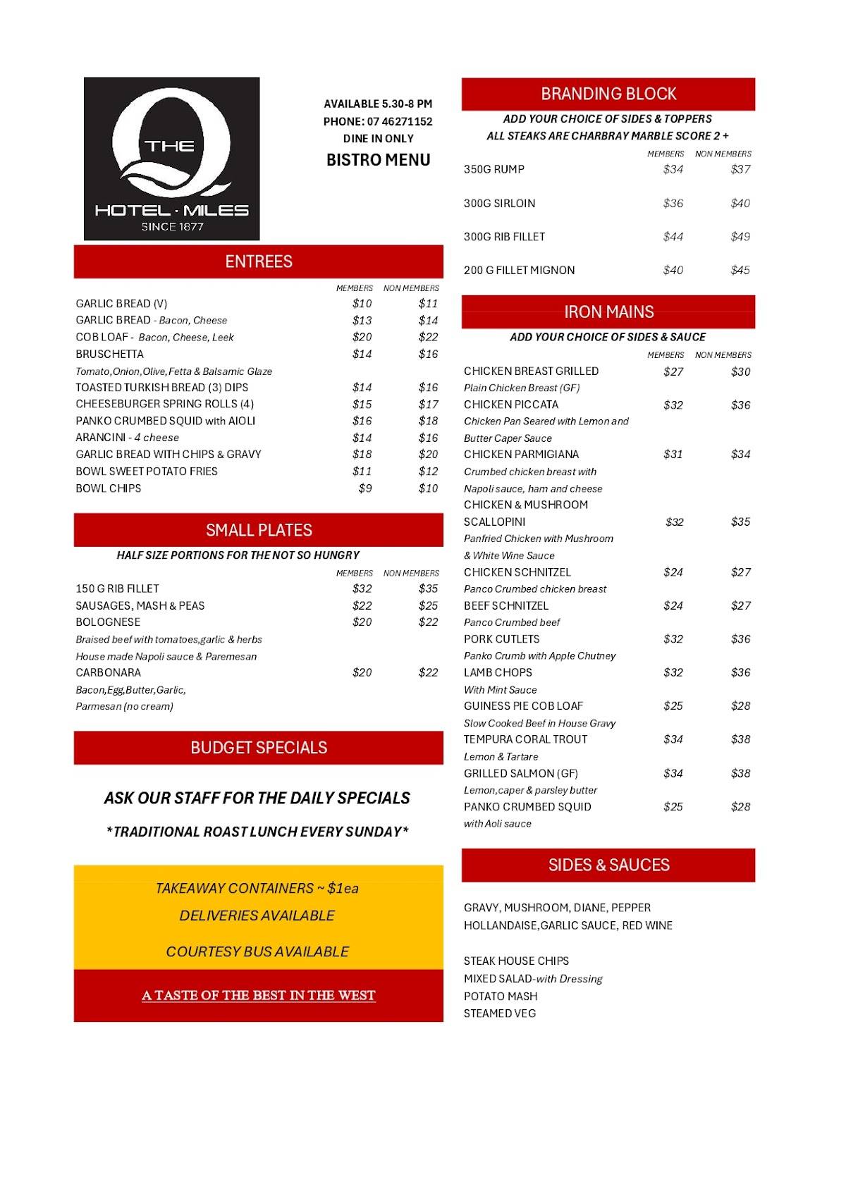 Menu at The Q Hotel Miles pub & bar, Miles