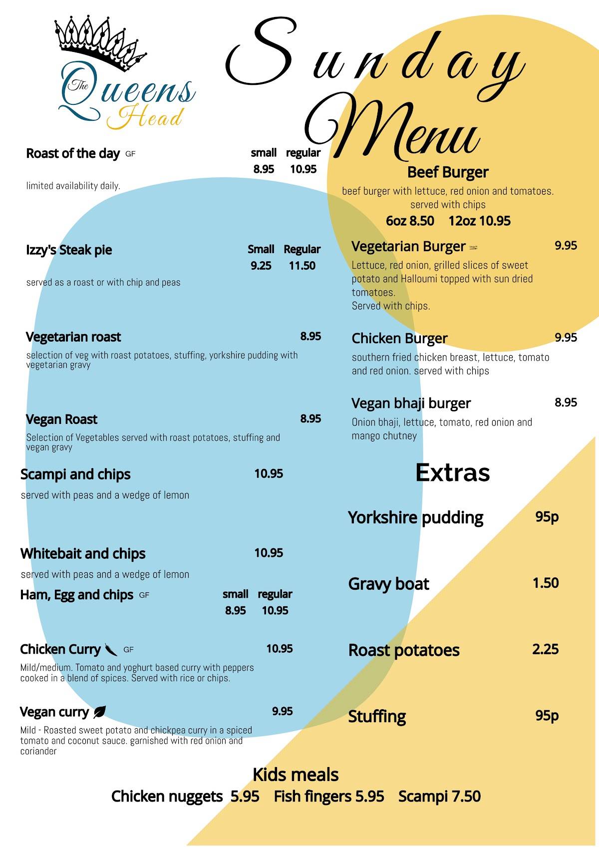 Menu at The Queens Head pub & bar, Walton on the Naze