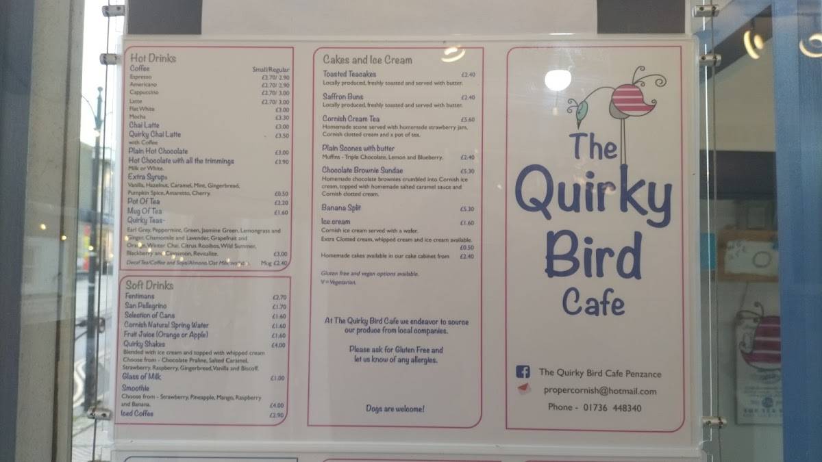 Menu at The Quirky Bird Cafe, Penzance