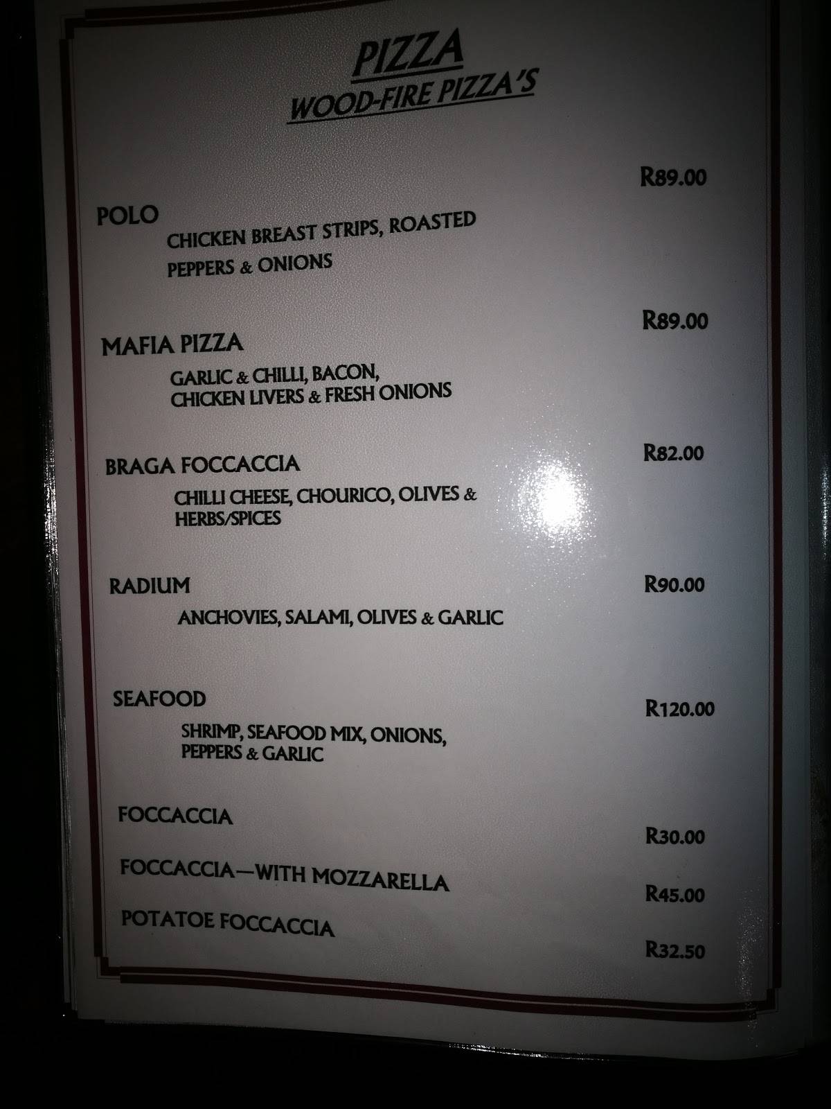 Menu at The Radium Beerhall pub & bar, Johannesburg