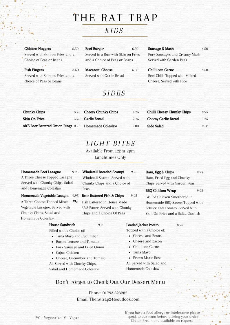Menu at The Rat Trap pub & bar, Swindon
