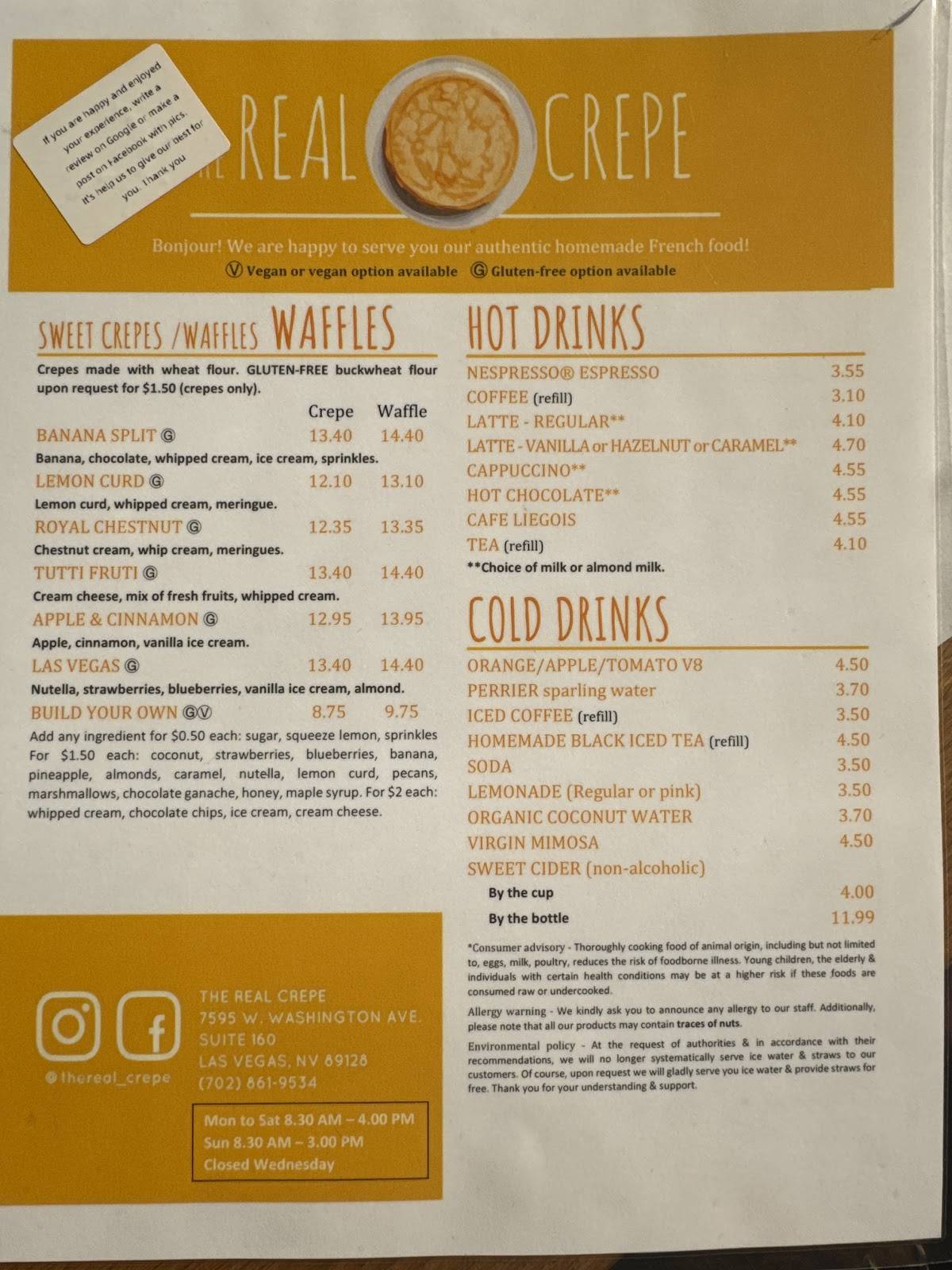 Menu at The Real Crepe restaurant, Las Vegas