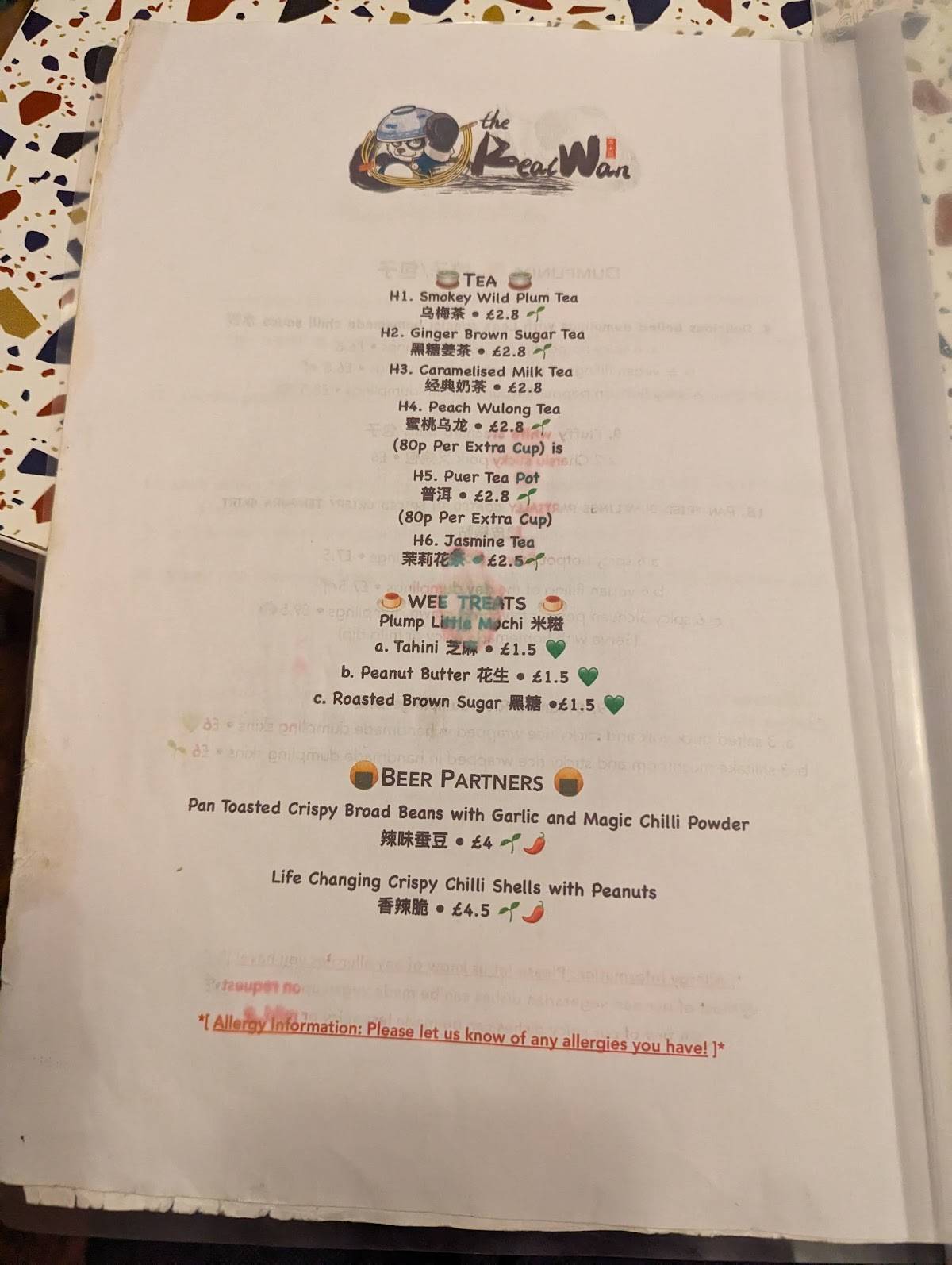 Menu at The Real Wan restaurant, Glasgow