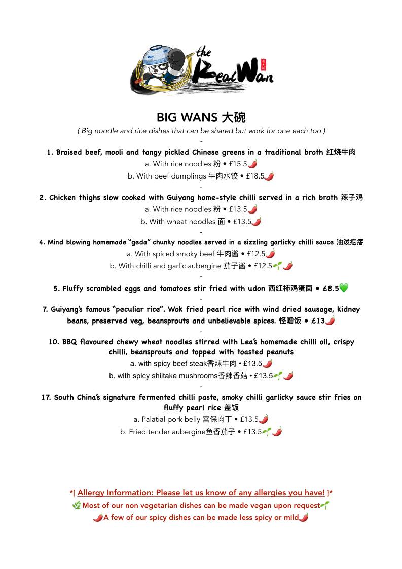 Menu at The Real Wan restaurant, Glasgow