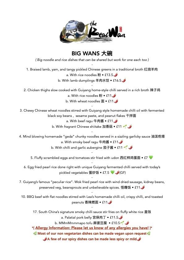 Menu at The Real Wan restaurant, Glasgow