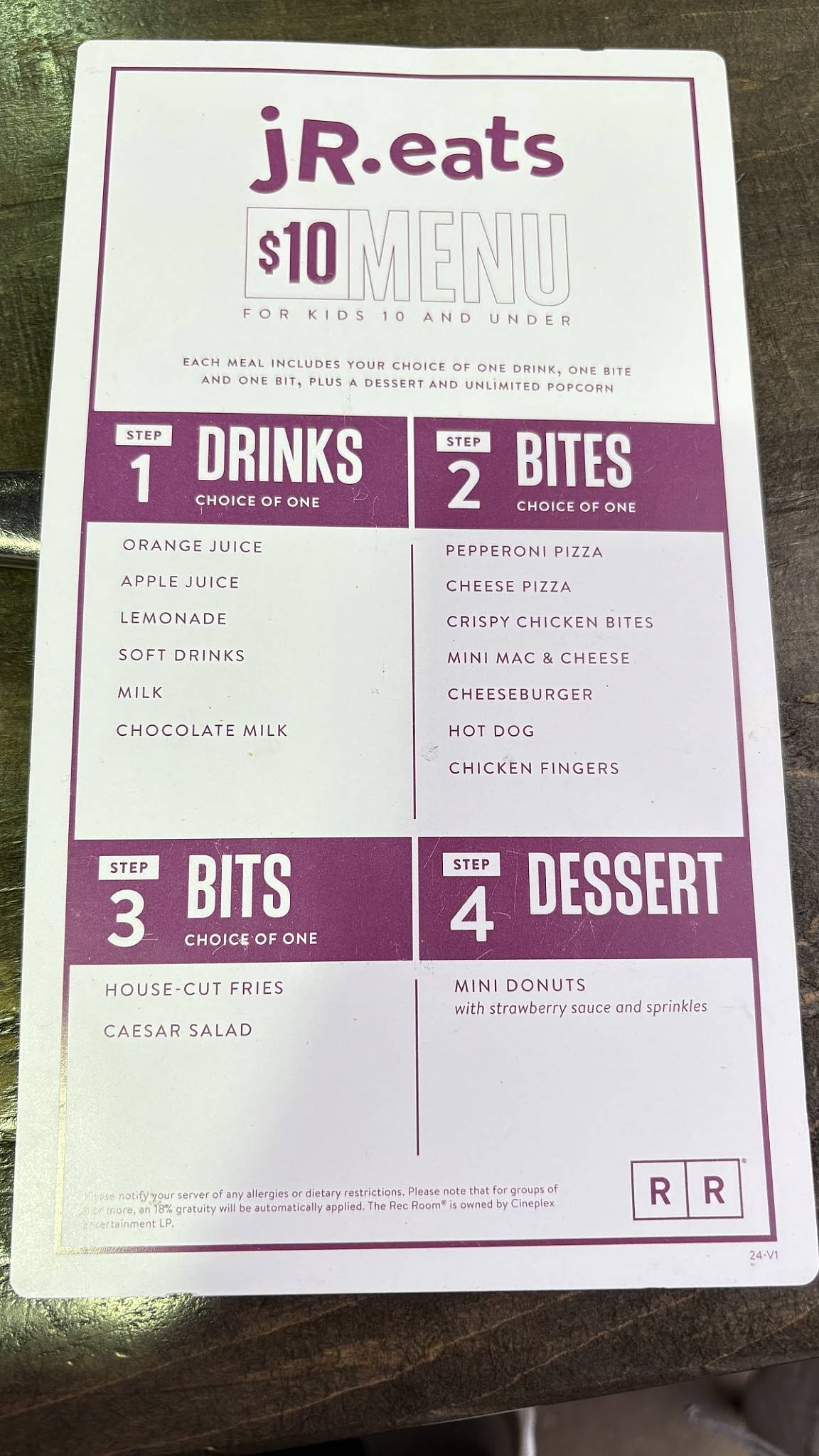 Menu at The Rec Room Roundhouse pub & bar, Toronto
