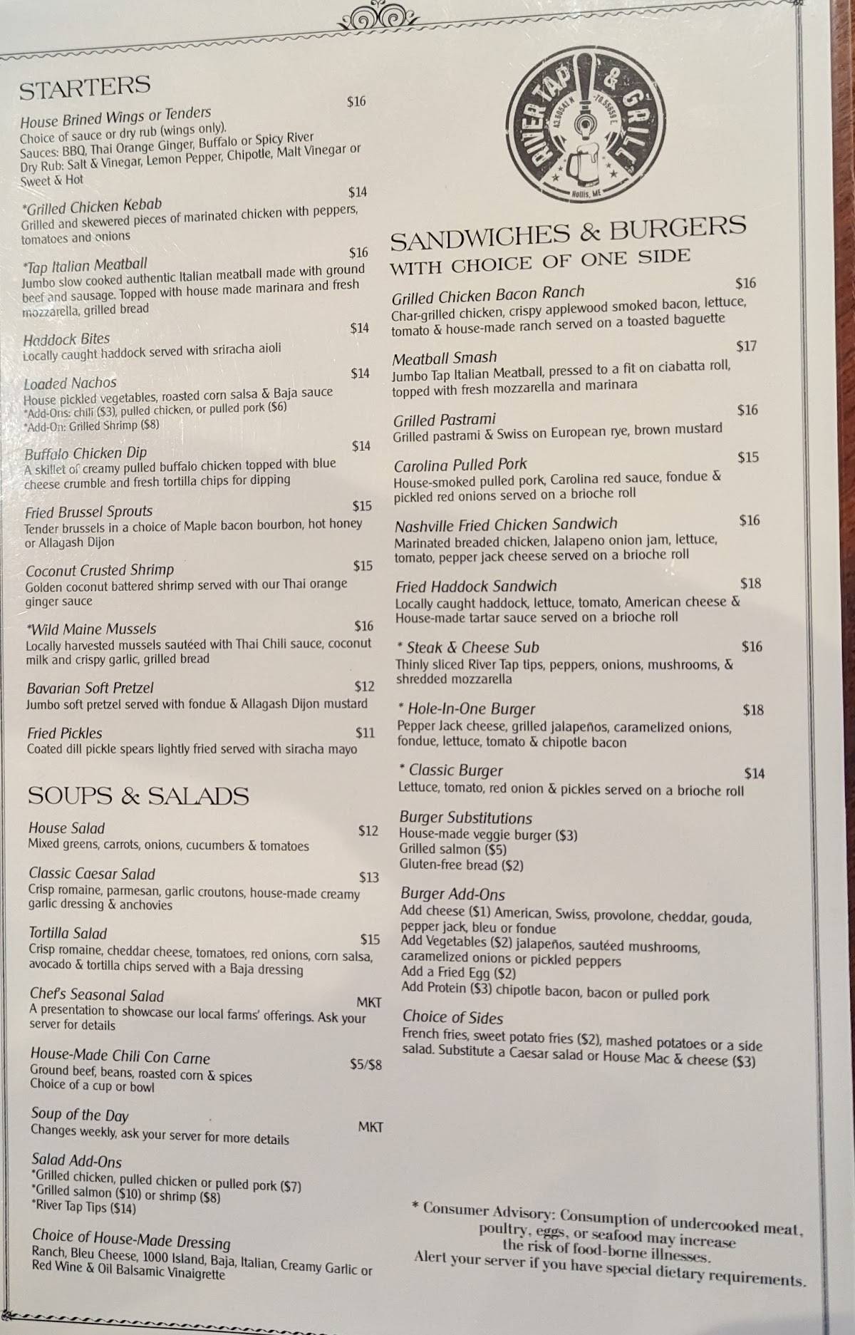 Menu at The River Tap & Grill pub & bar, Hollis