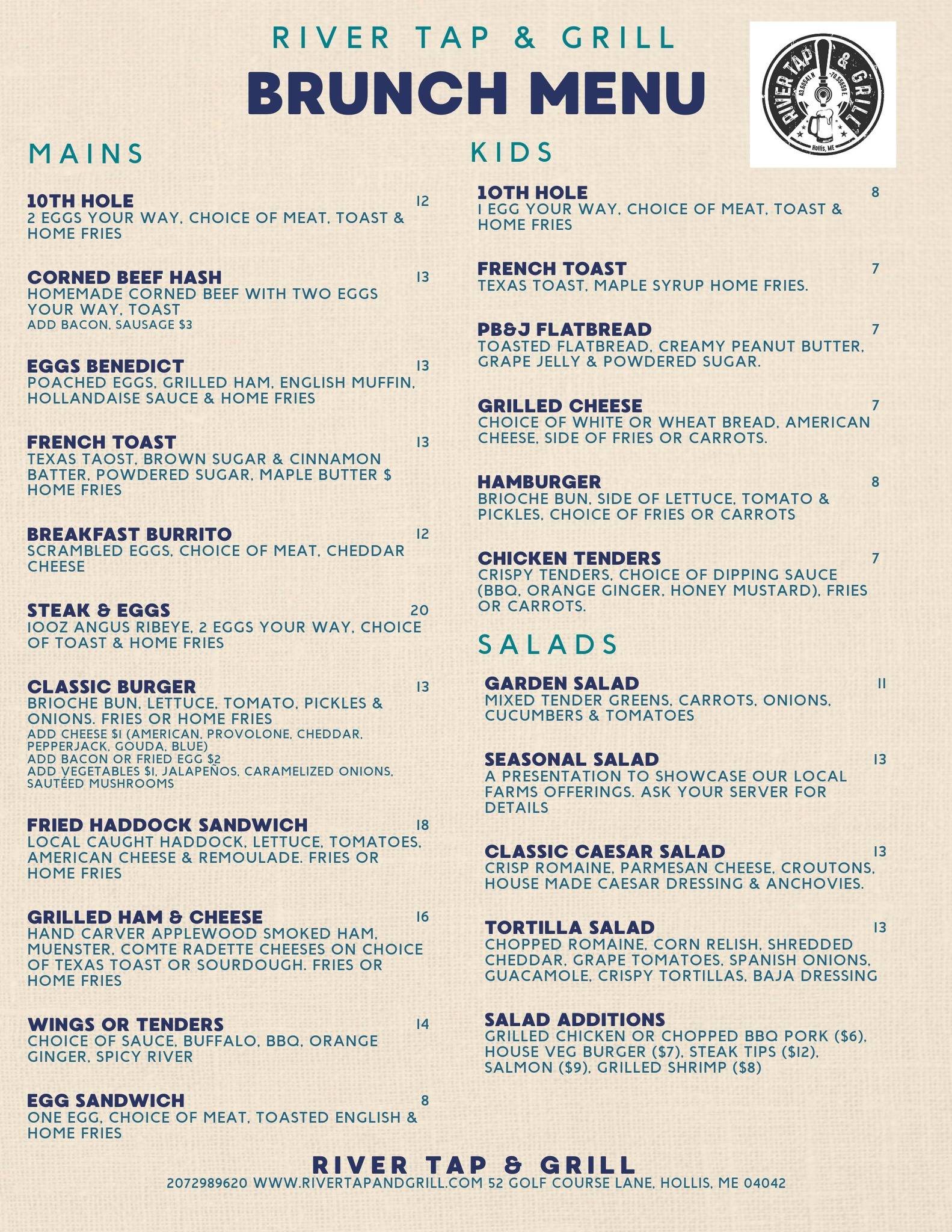 Menu at The River Tap & Grill pub & bar, Hollis