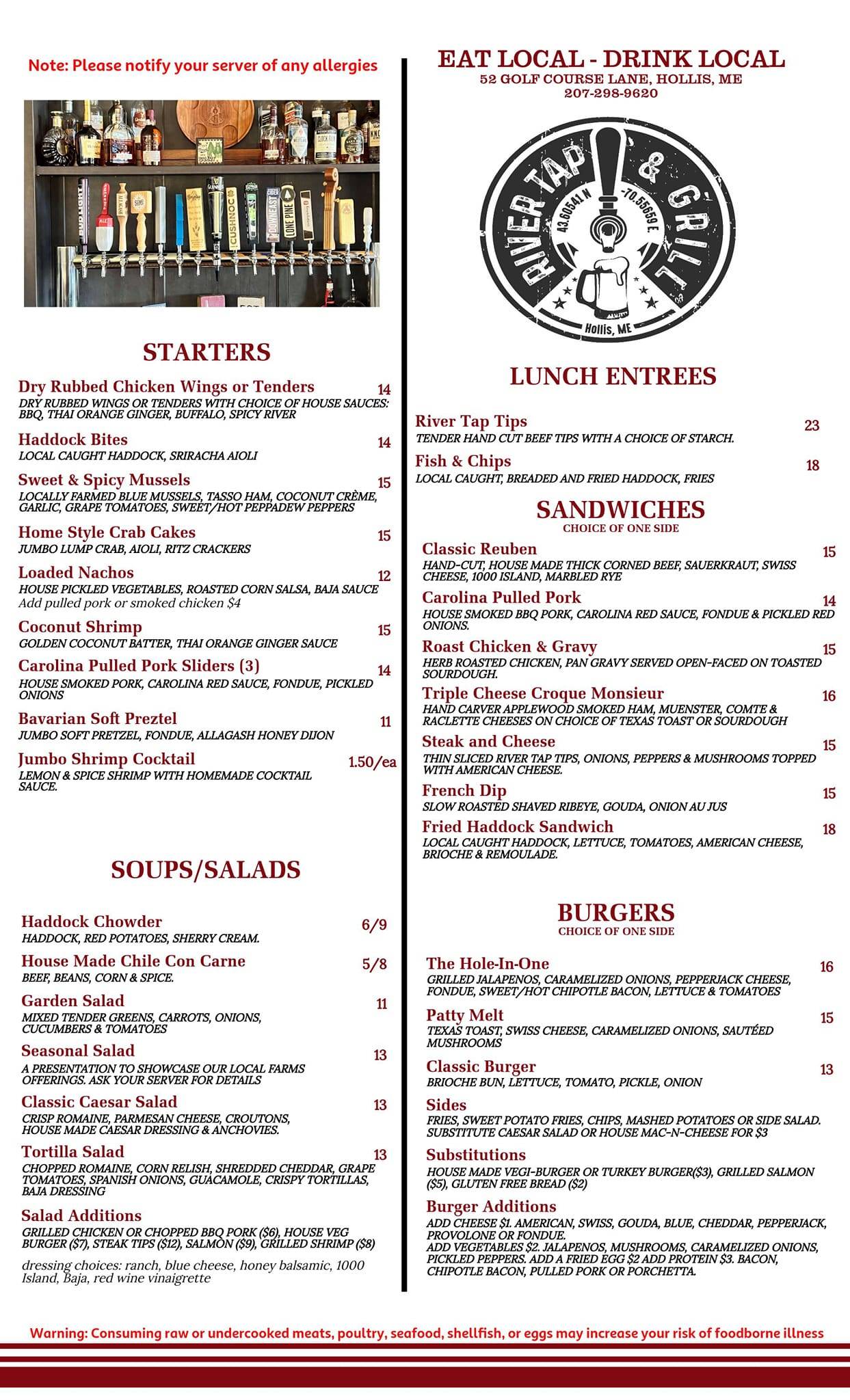 Menu at The River Tap & Grill pub & bar, Hollis