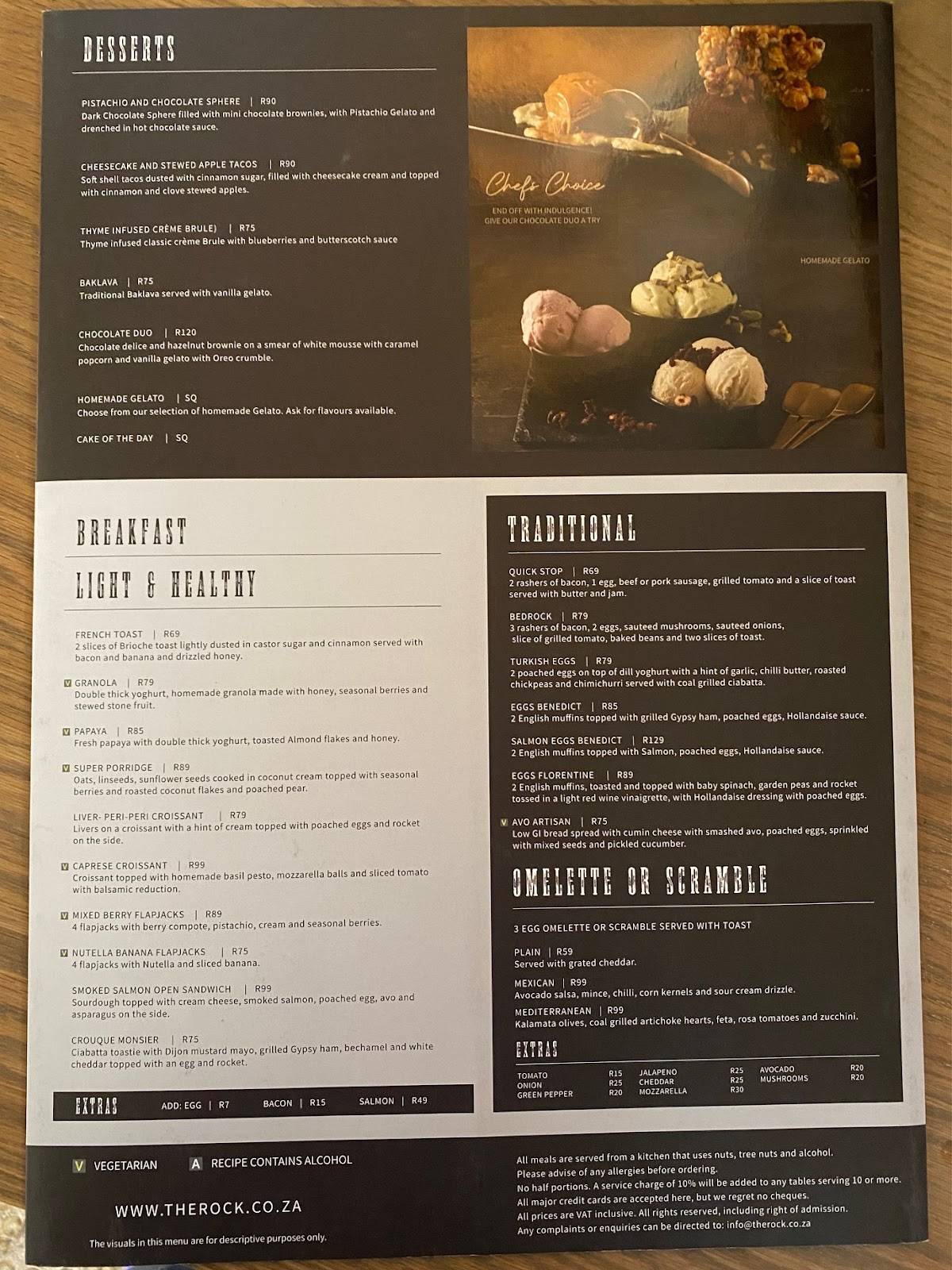 Menu at The Rock-Hazelwood restaurant, Pretoria