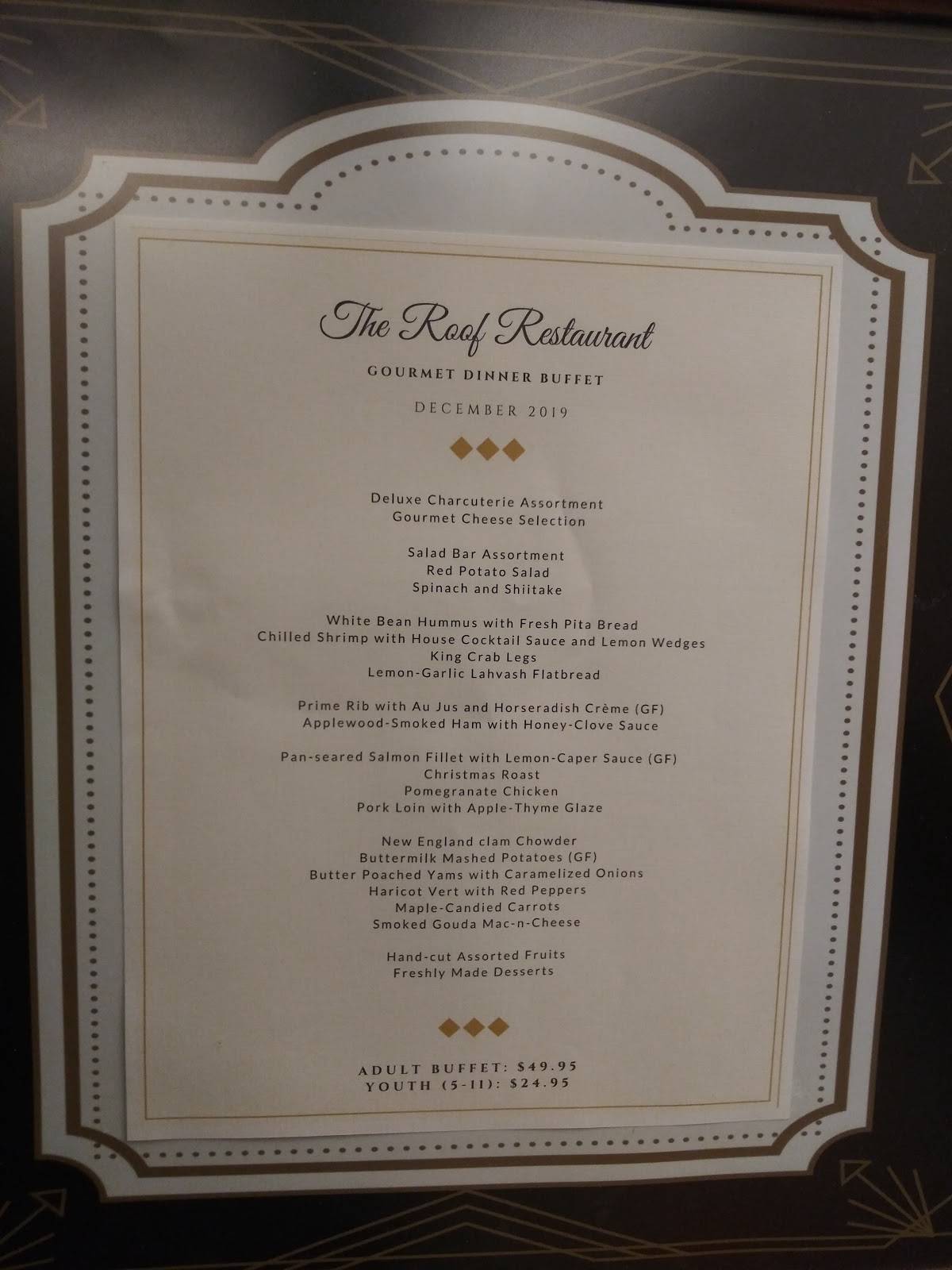 Menu at The Roof restaurant, Salt Lake City