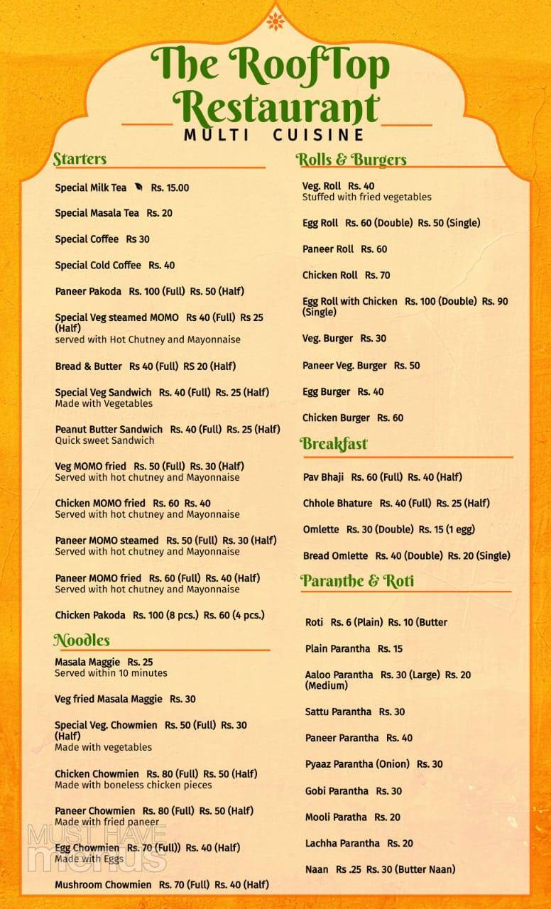 Menu at The Rooftop Restaurant, Kahalgaon