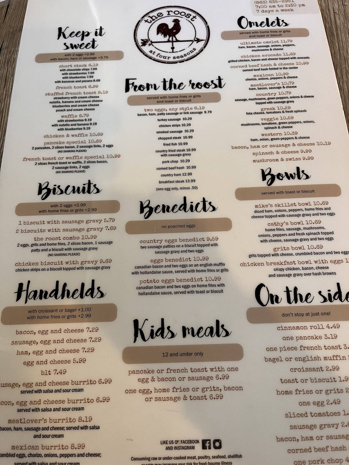 Menu at The Roost at Four Seasons restaurant, Frostproof, US-27