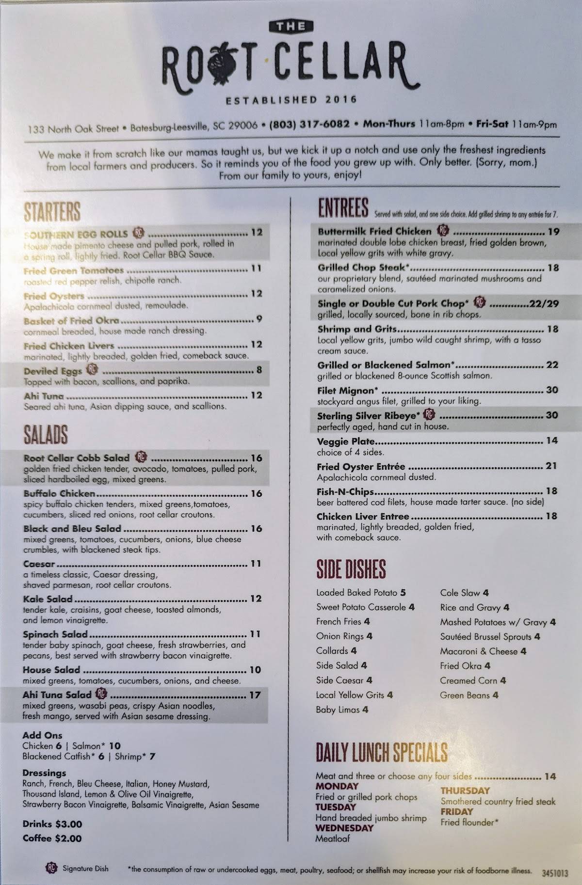 Menu at The Root Cellar B-L restaurant, Batesburg-Leesville