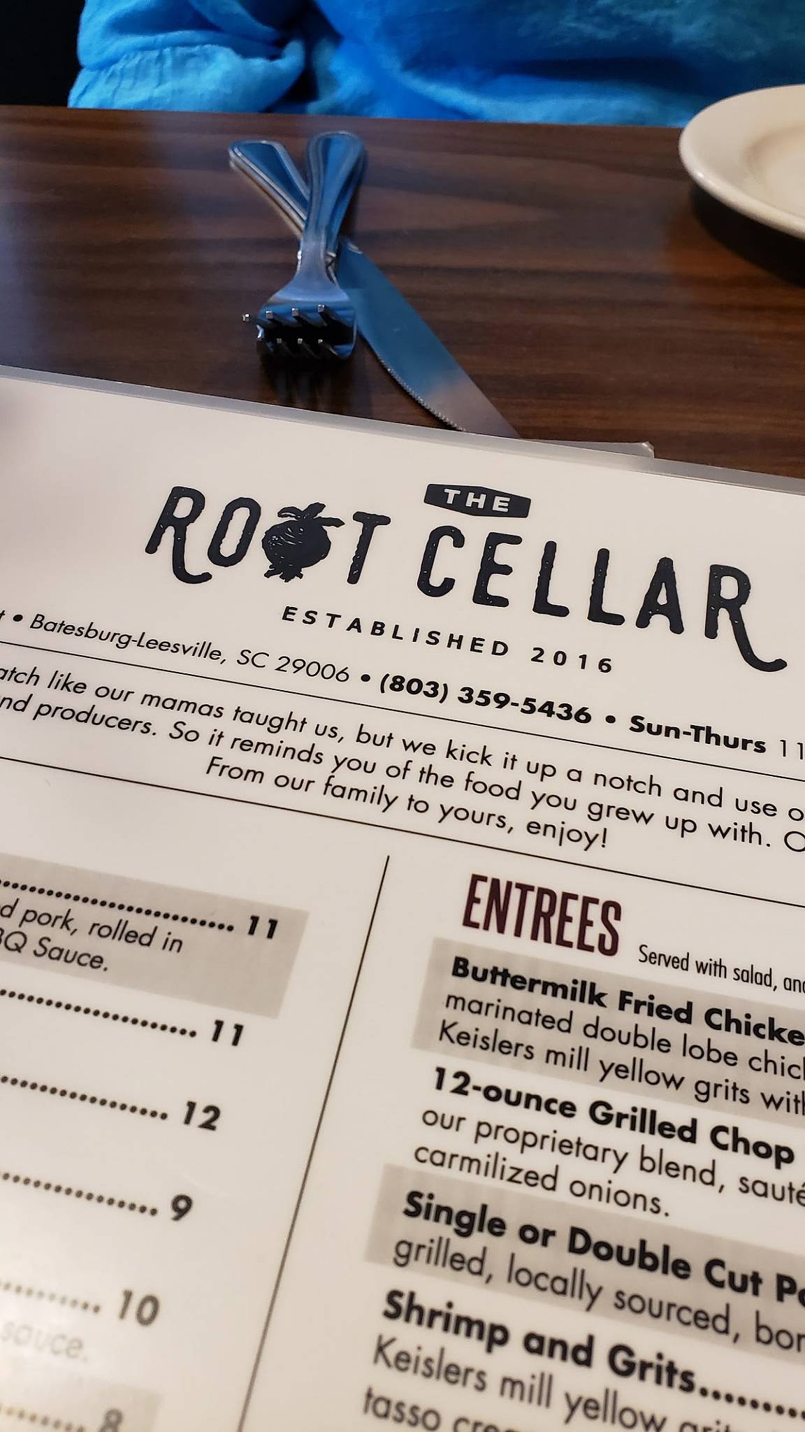 Menu at The Root Cellar B-L restaurant, Batesburg-Leesville