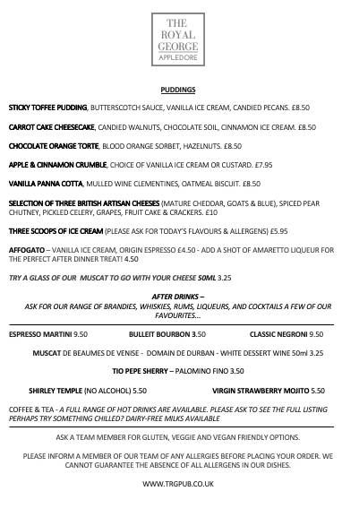 Menu at The Royal George pub & bar, Bideford, Irsha St