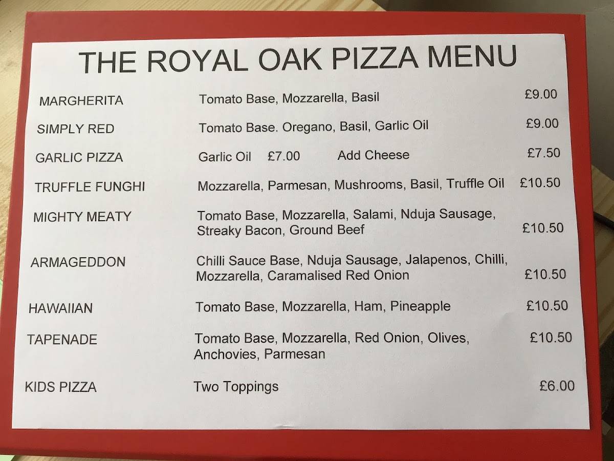 Menu at The Royal Oak pub & bar, Porlock