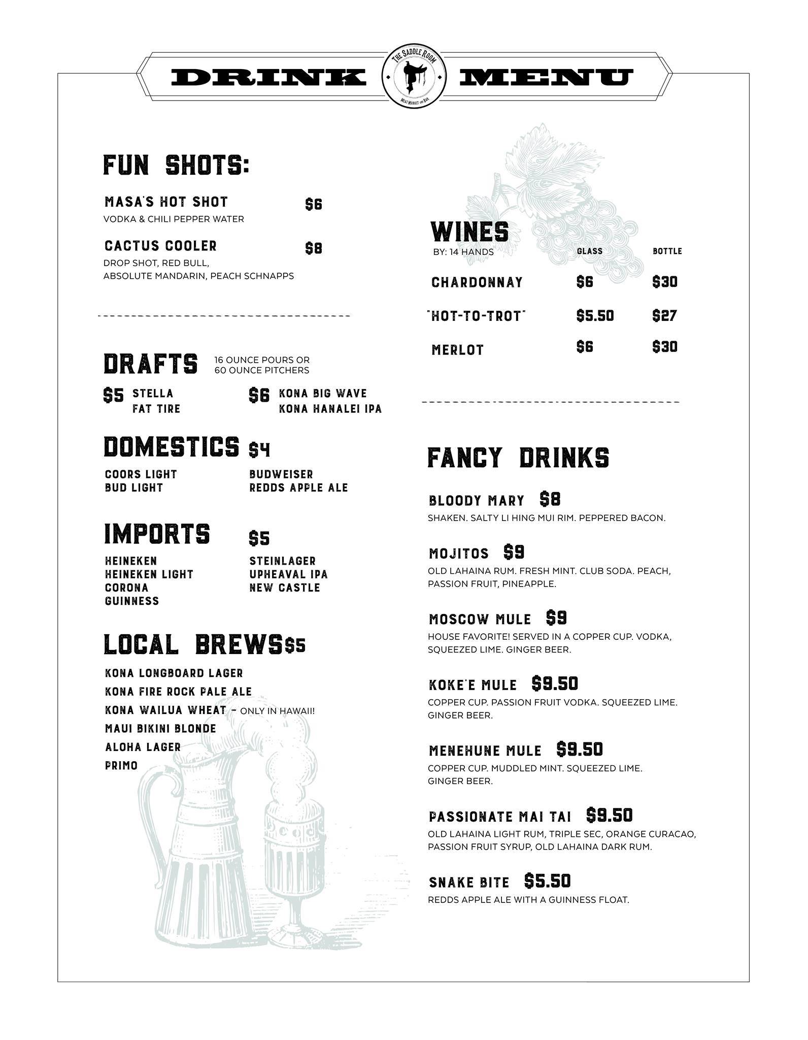 Menu at The Saddle Room pub & bar, Waimea, Kaumualii Hwy