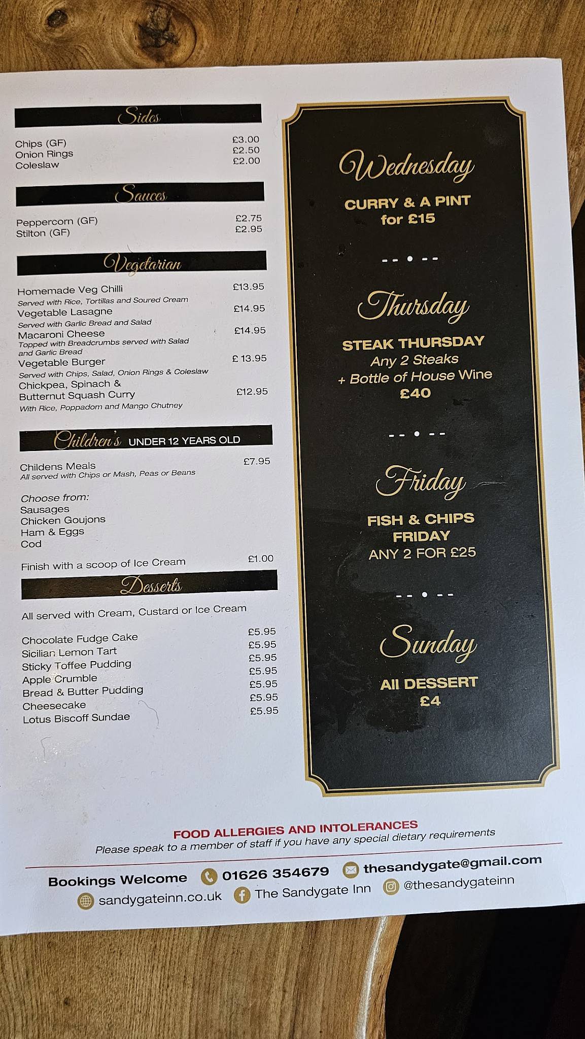 Menu at The Sandygate Inn pub & bar, Newton Abbot