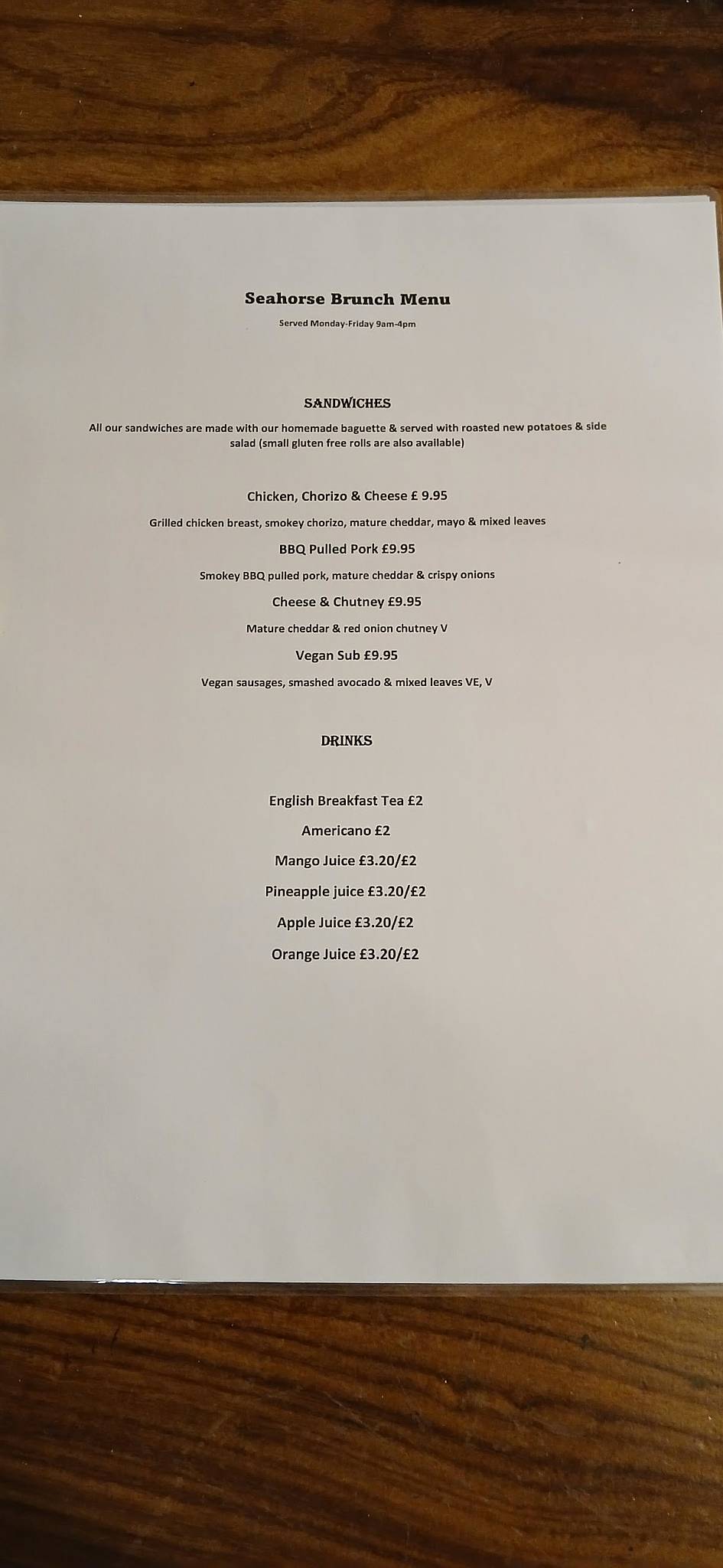 Menu at The Seahorse Pub, Gosport