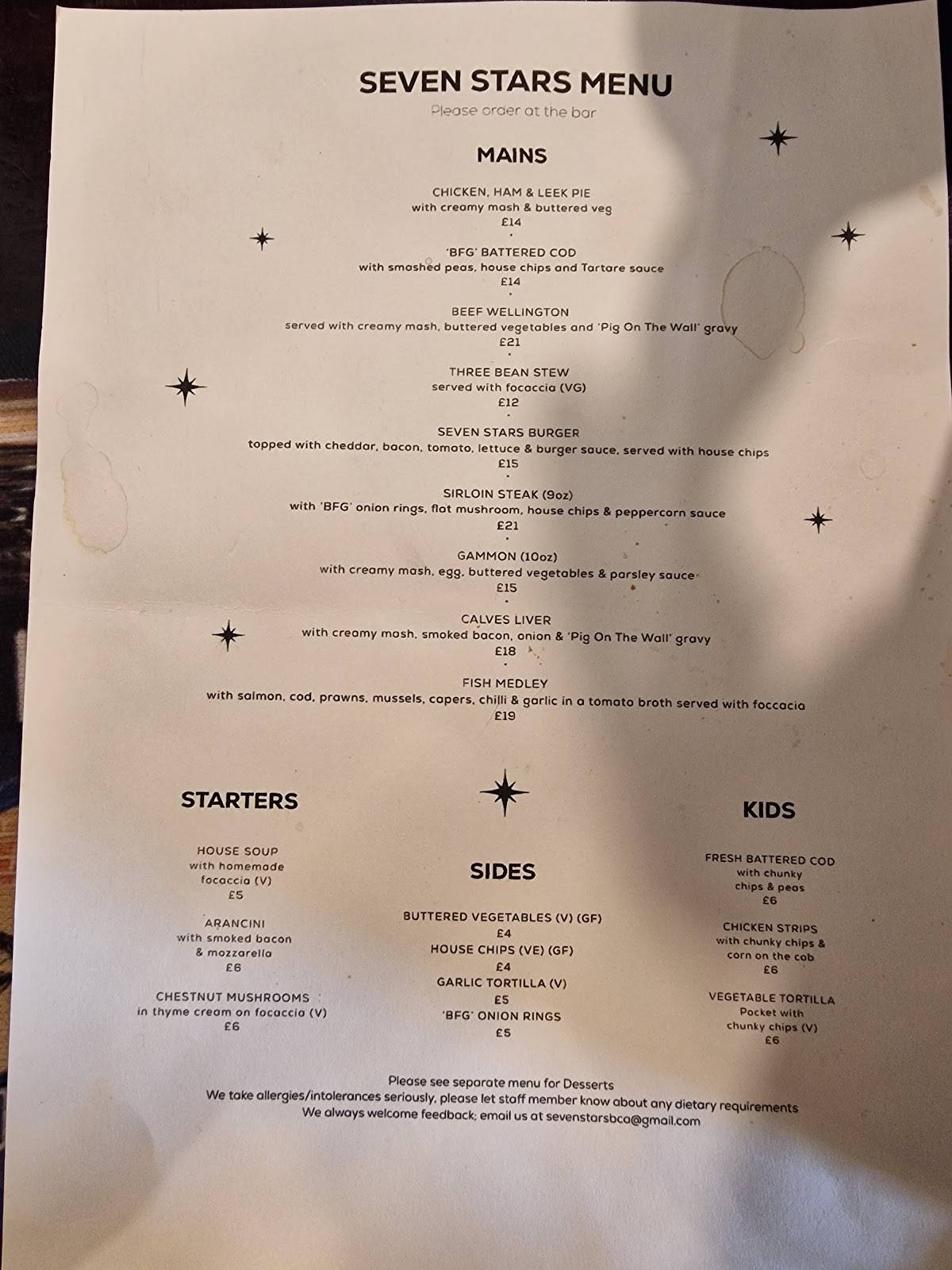Menu at The Seven Stars pub & bar, Stourbridge, Brook Rd