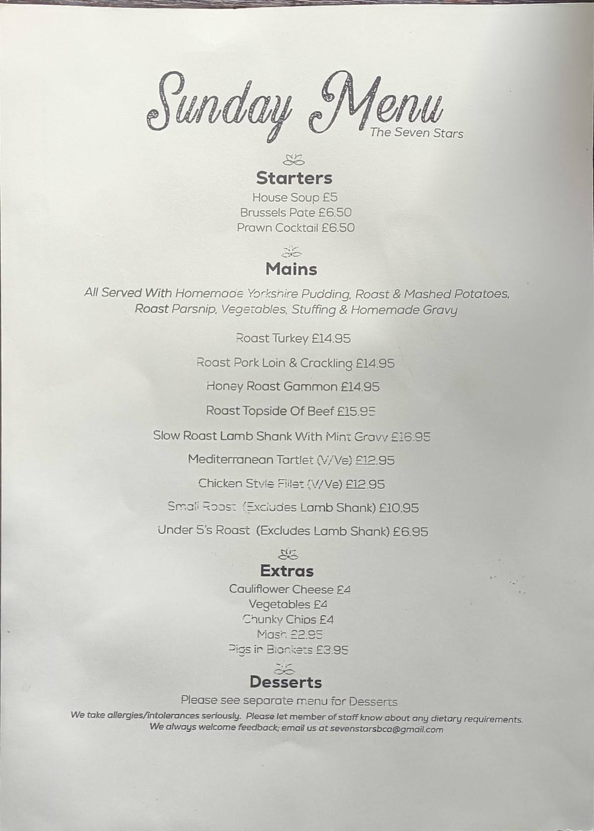 Menu at The Seven Stars pub & bar, Stourbridge, Brook Rd