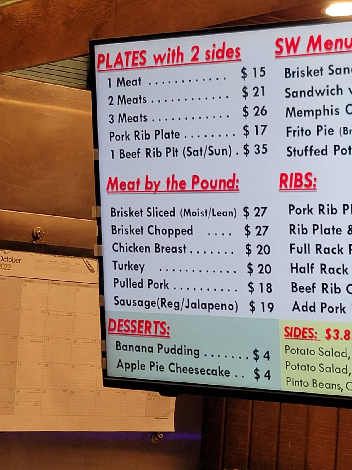 Menu at The Shack, BBQ, Lubbock, N Frankford Ave