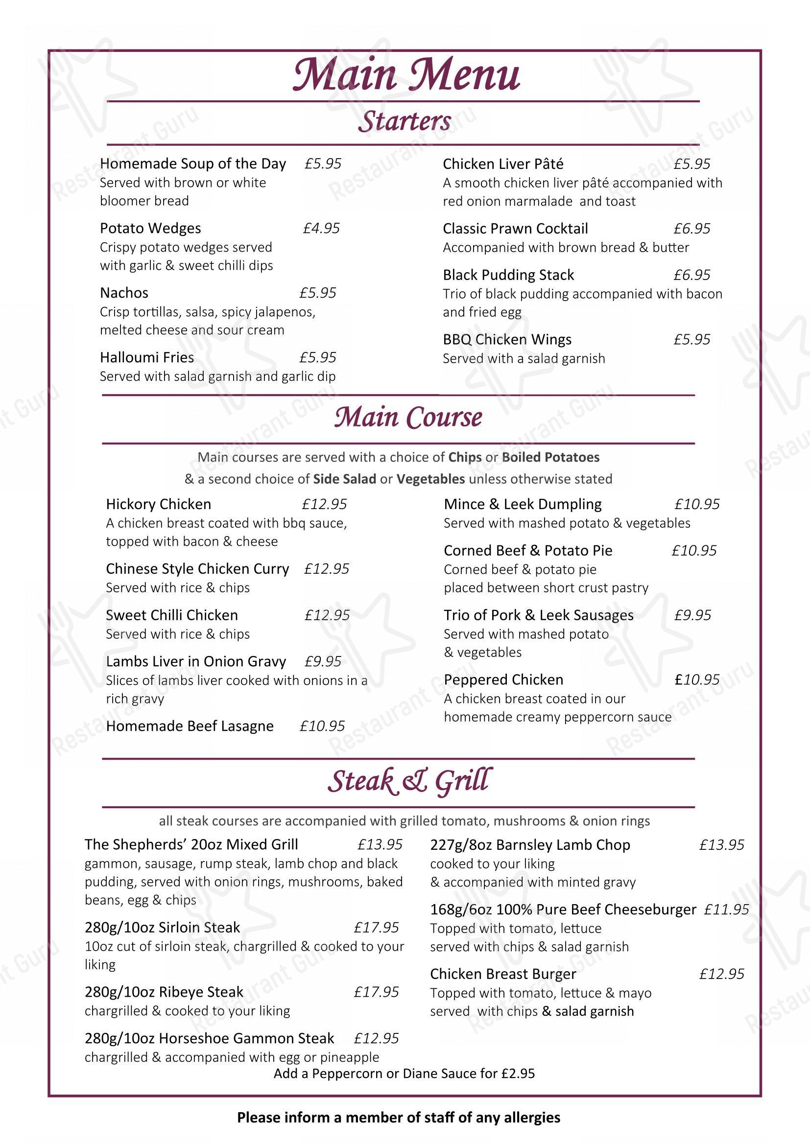 Menu at The Shepherd & Shepherdess Inn restaurant, Stanley