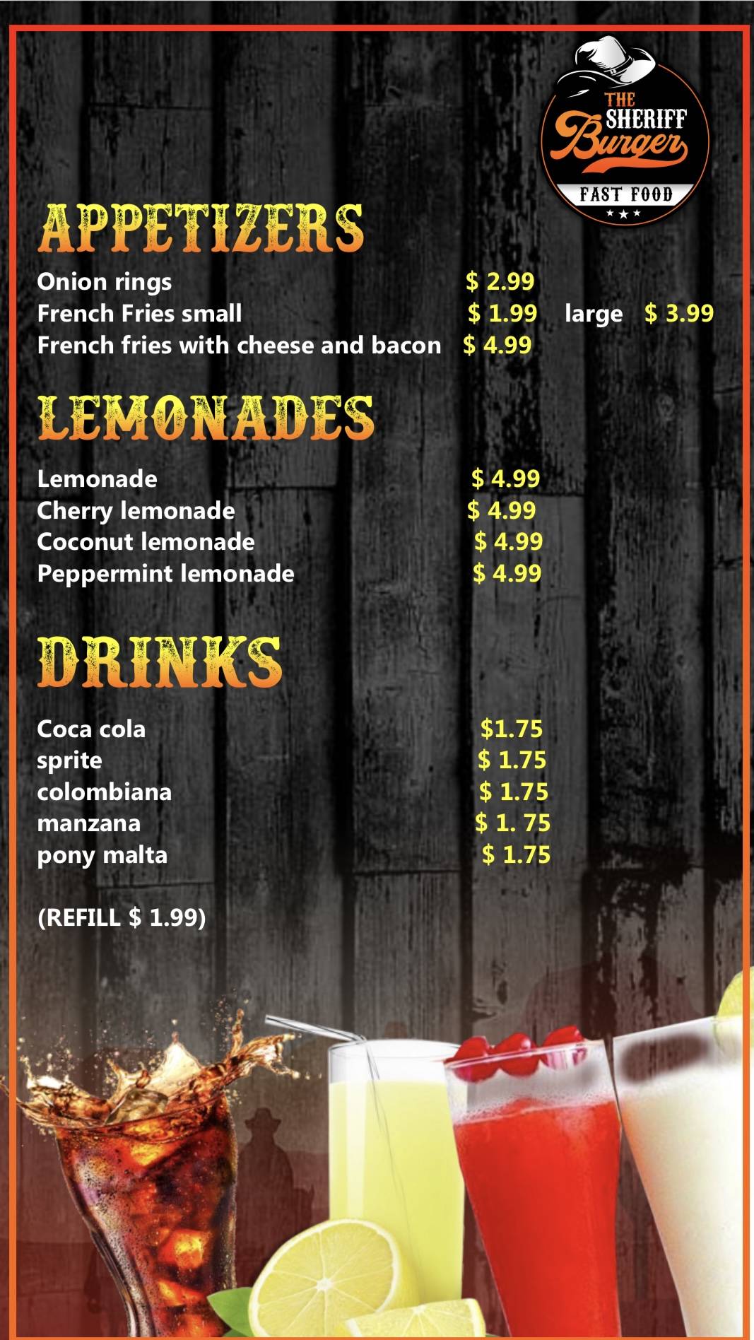 Menu at The Sheriff Burger restaurant, Simpsonville
